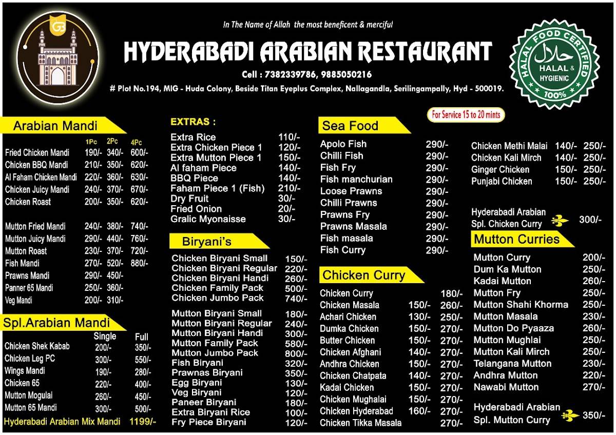 Menu at Hyderabadi Arabian Restaurant, Hyderabad