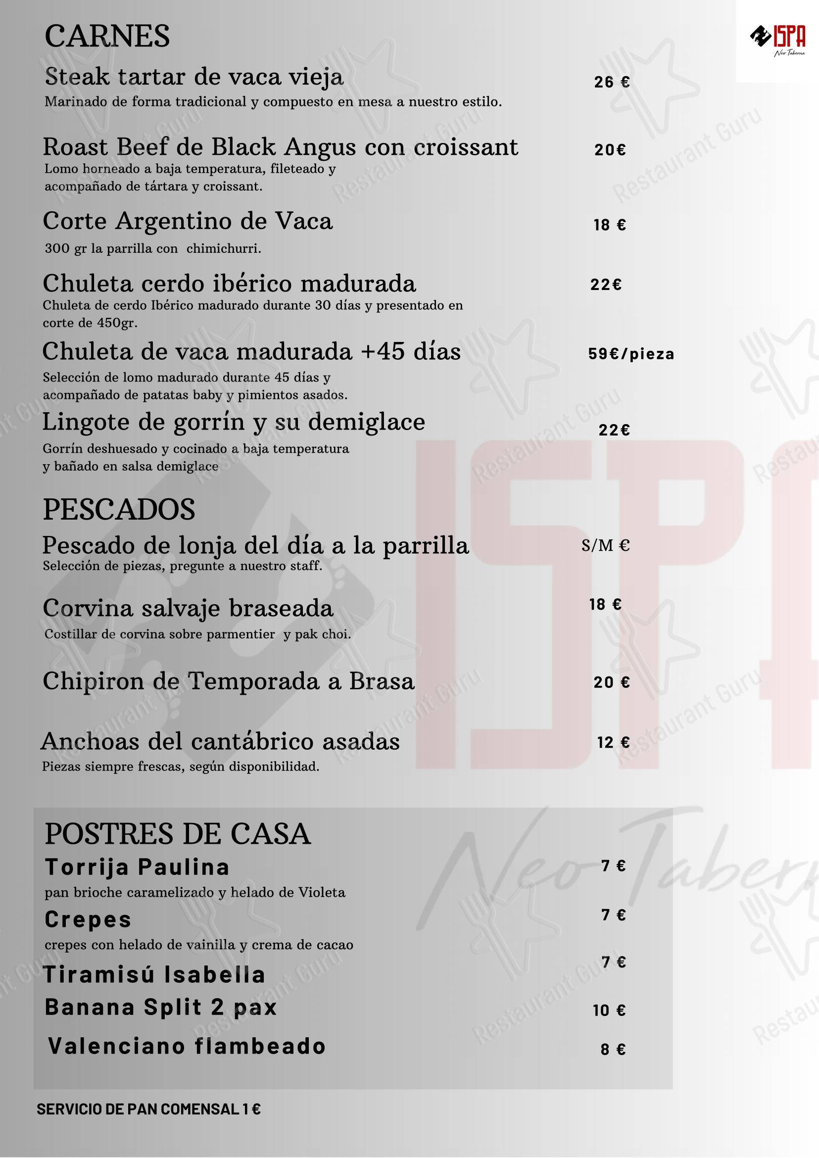 Carta del restaurante ISPA Neo Taberna, Pamplona