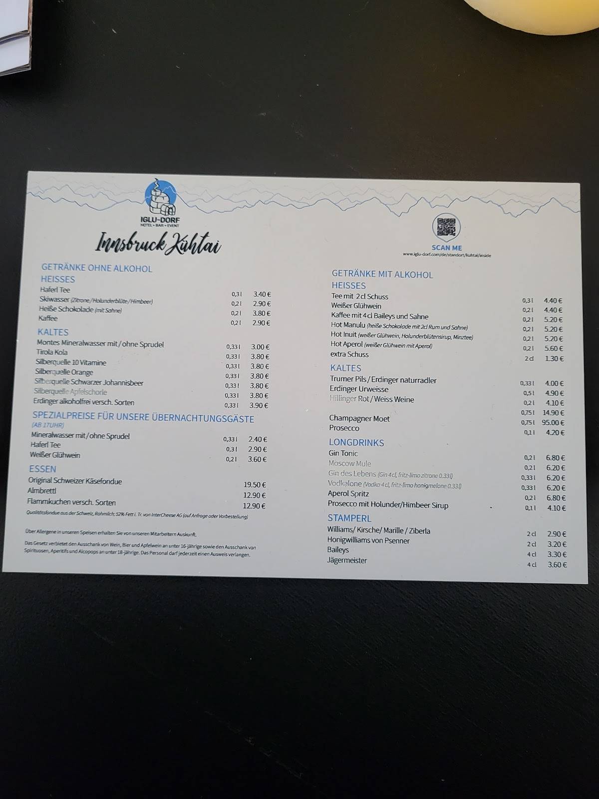 Speisekarte von Iglu-Dorf Innsbruck Kühtai restaurant, Silz