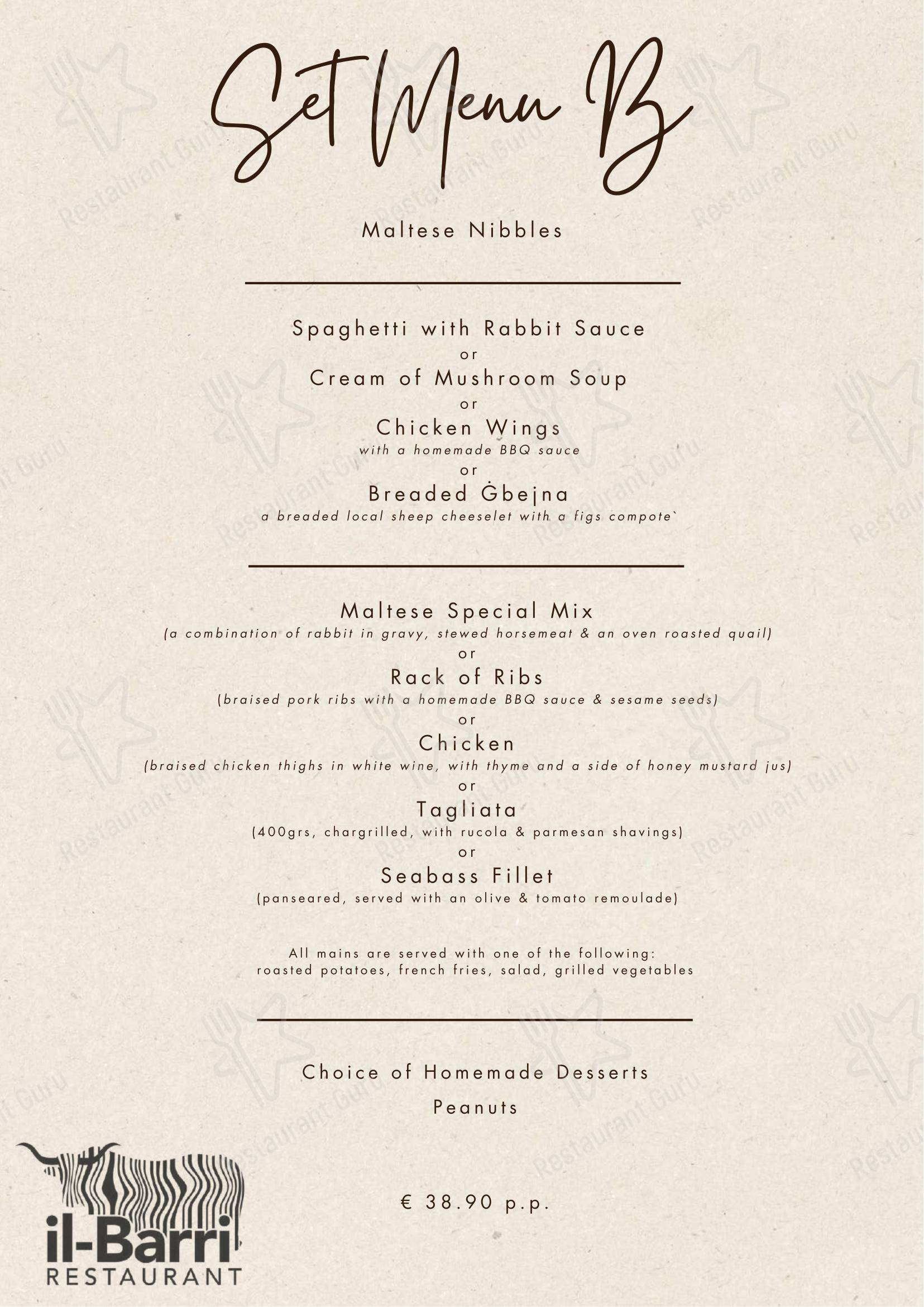 Menu at Il-Barri Restaurant, Mgarr
