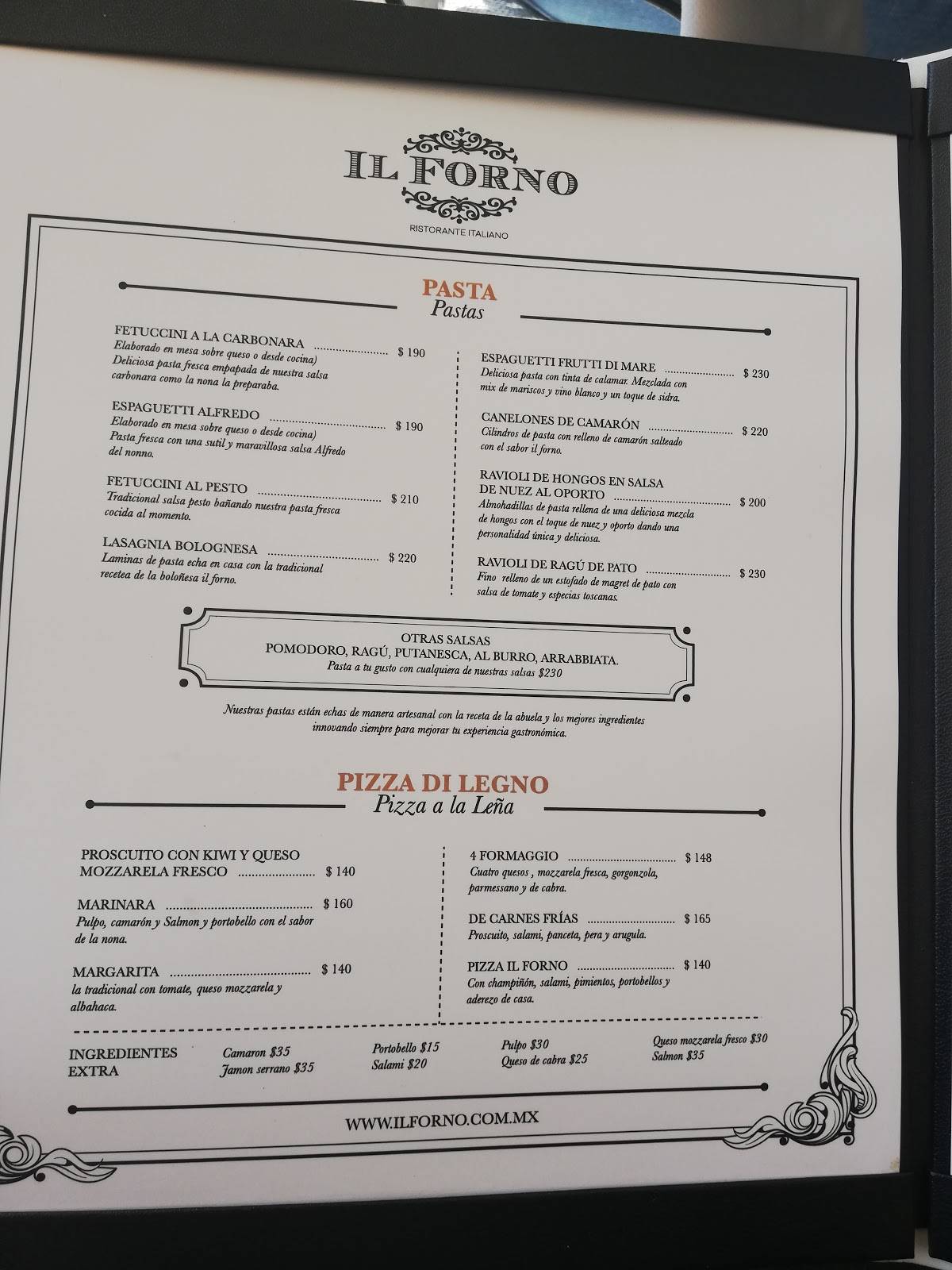 Menu at Il Forno restaurant, Morelia, Av. Rey Tangaxoan II 635