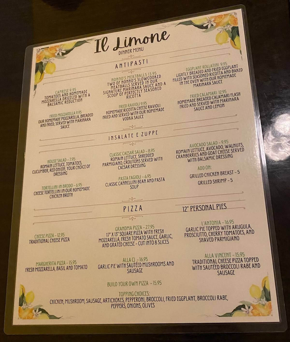 Menu at Il Limone Restaurant Pizzeria, Liverpool