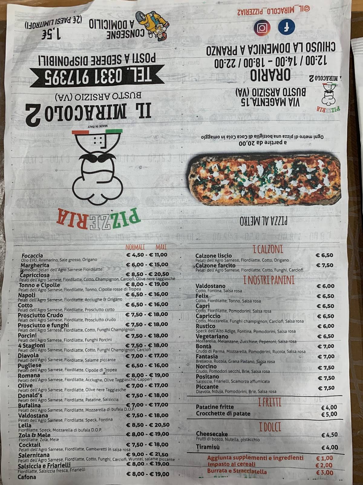 Menu da Il Miracolo 2 ristorante, Busto Arsizio