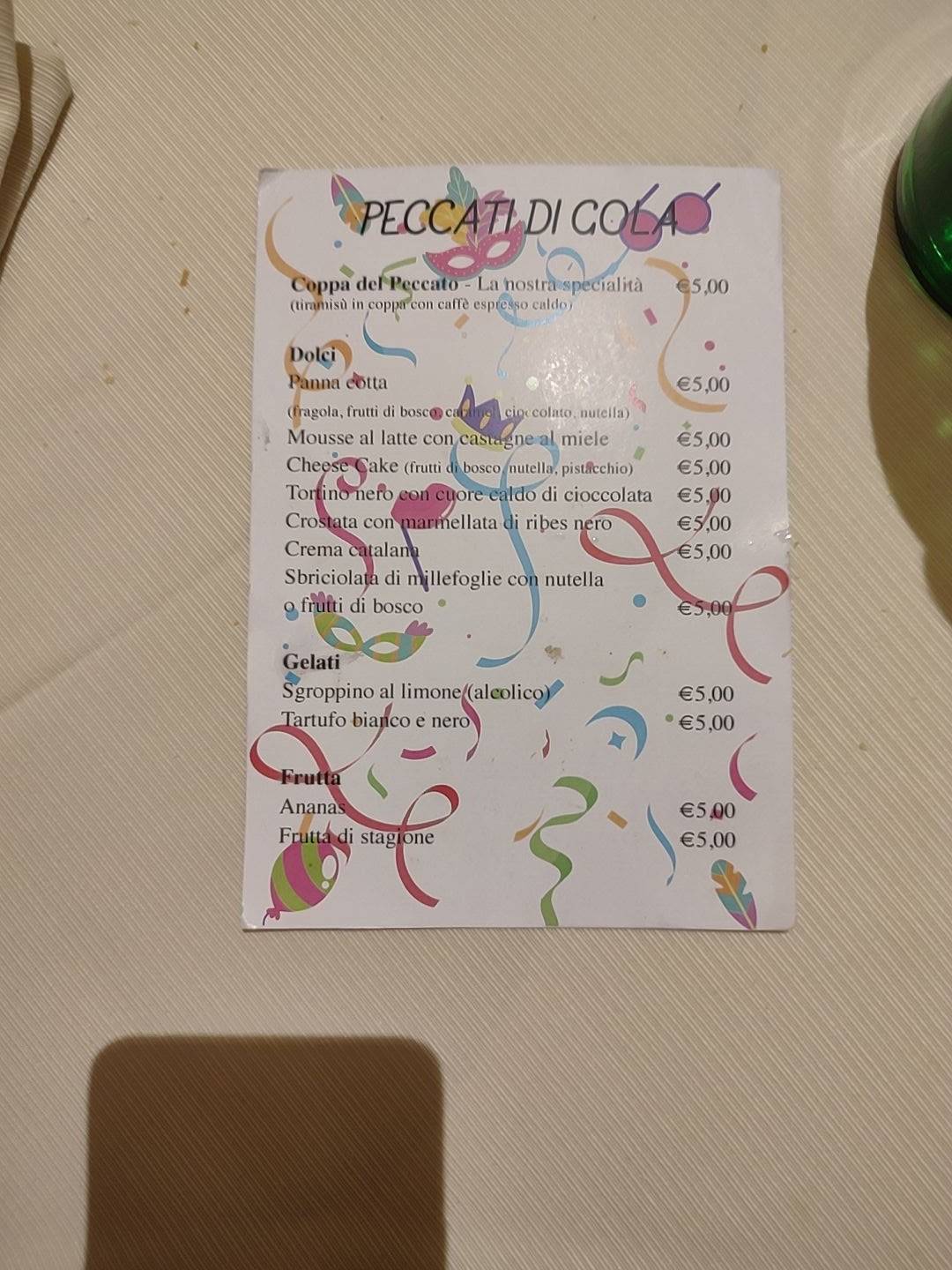 Menu da Il Peccato ristorante, Ronciglione, Via Cassia Cimina