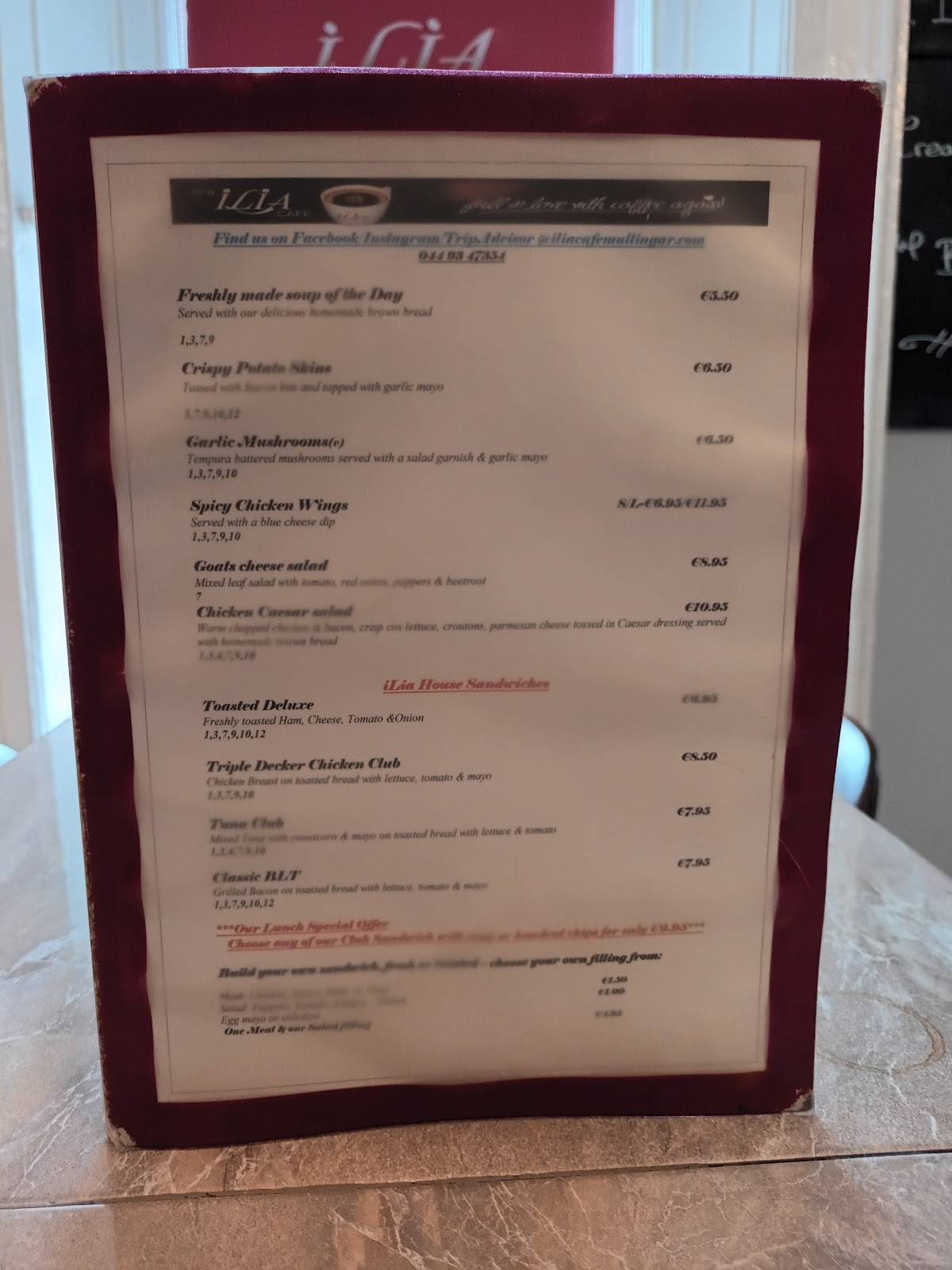 Menu at Ilia Cafe, Mullingar