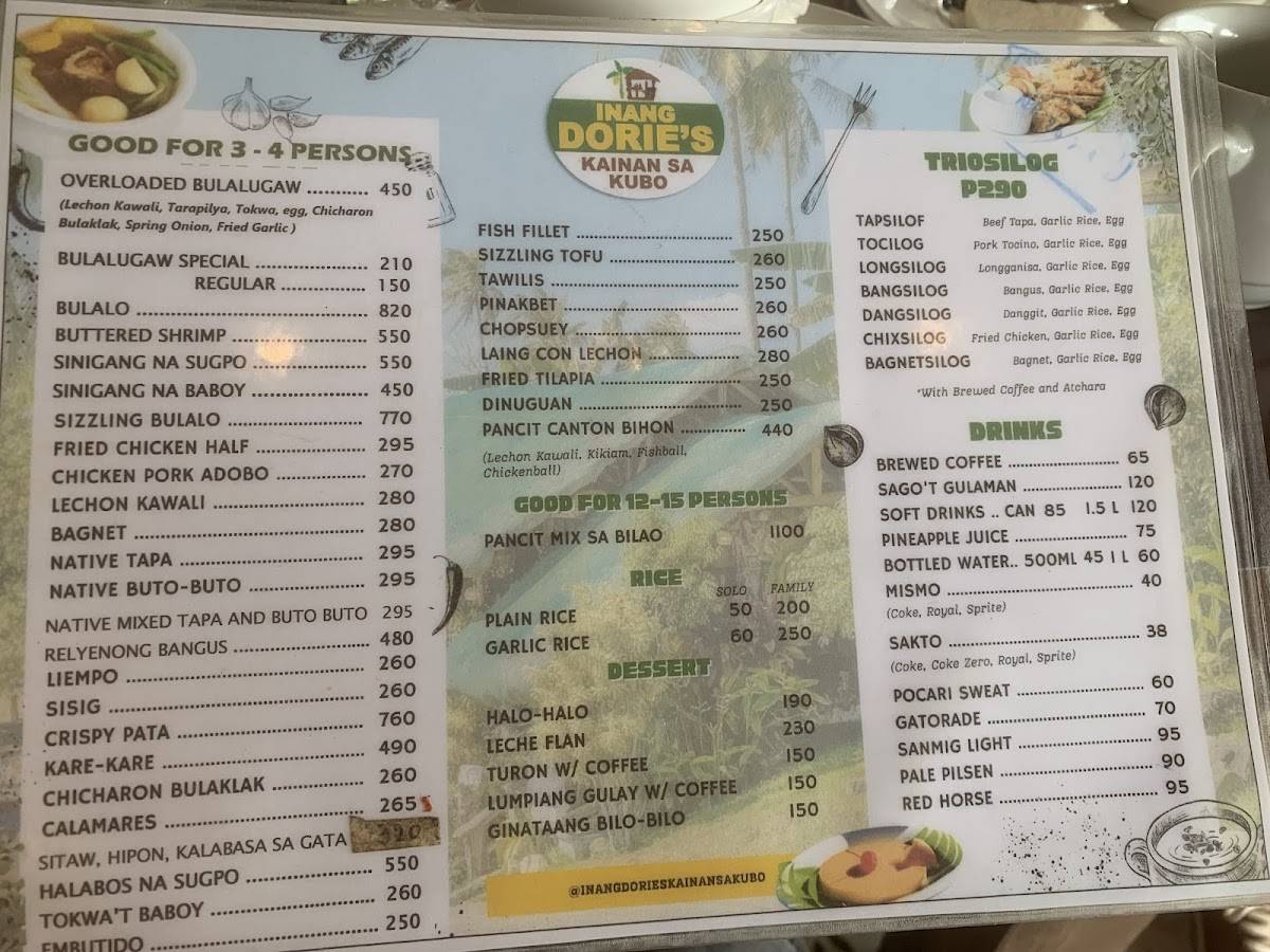 Menu at Inang Dorie's Kainan sa Kubo restaurant, Cabuyao