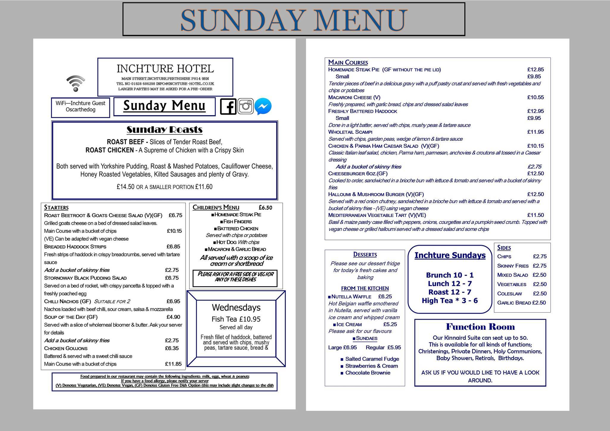 Menu at Inchture Hotel, Restaurant & Bar, Inchture