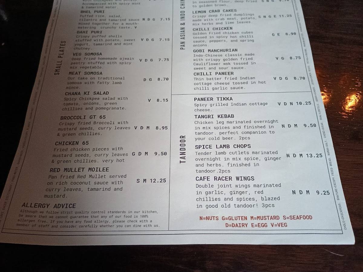 Menu at Indian Cafe Racer- The Wellington, Birmingham