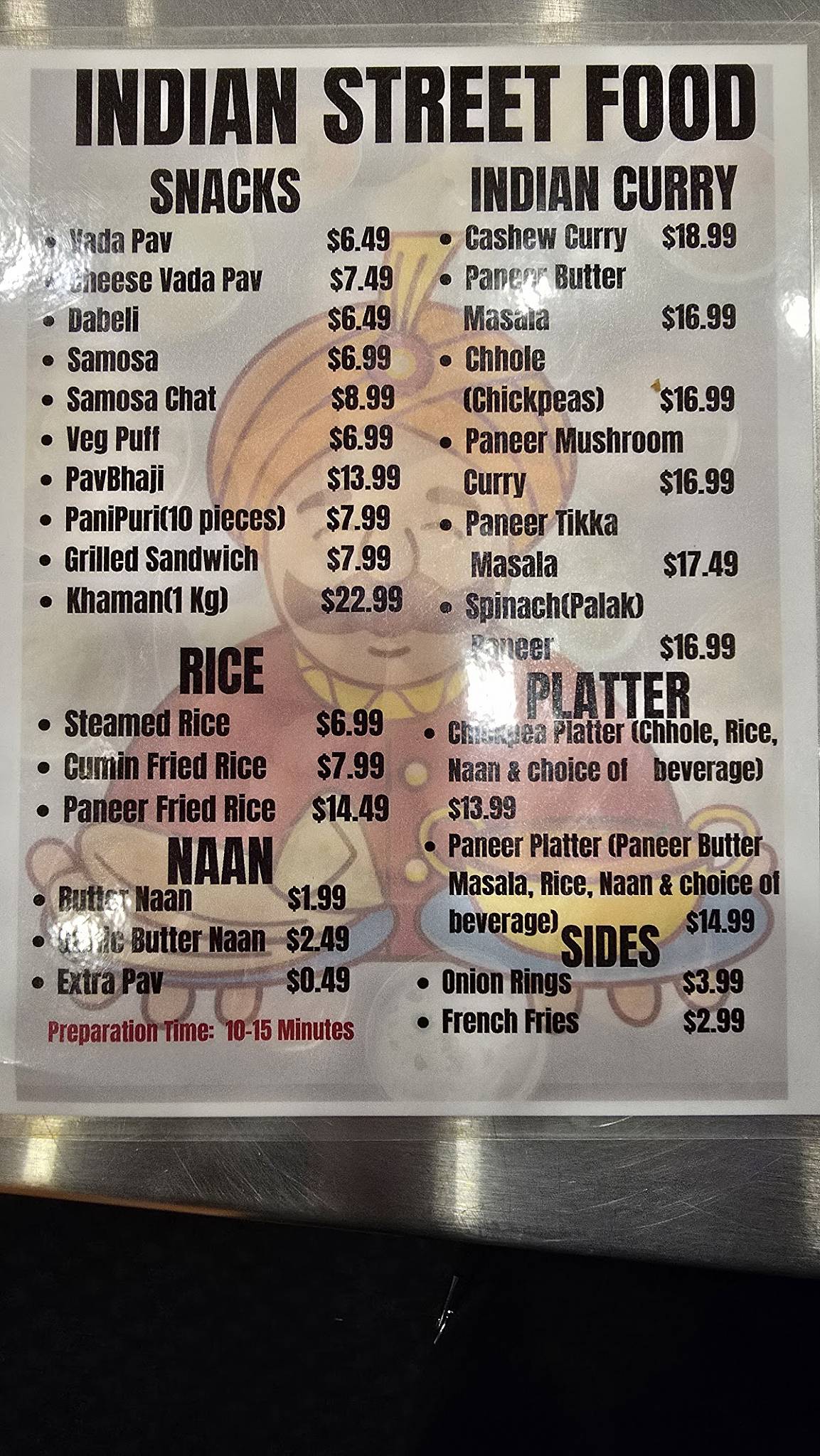 Menu at Indian Street Food restaurant, St. John's