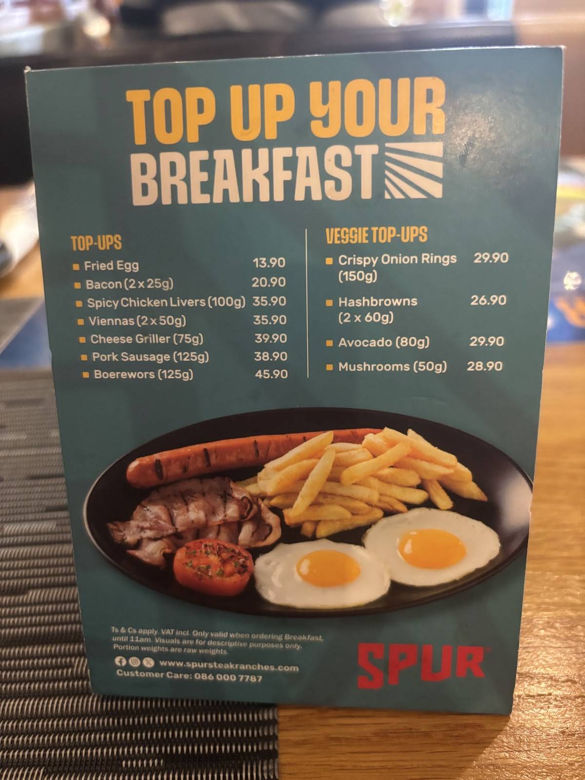 Menu at Indiana Spur restaurant, Welkom
