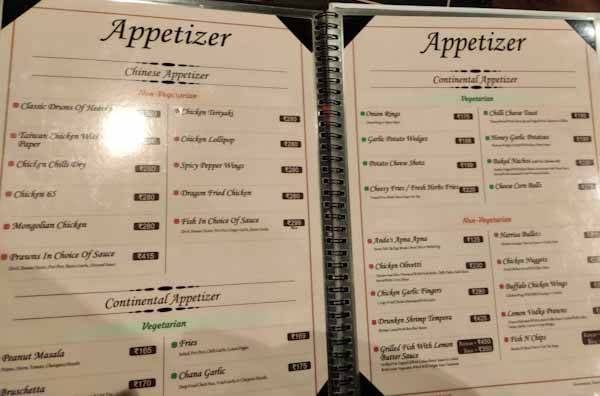 Menu at Indiana Waters, Navi Mumbai