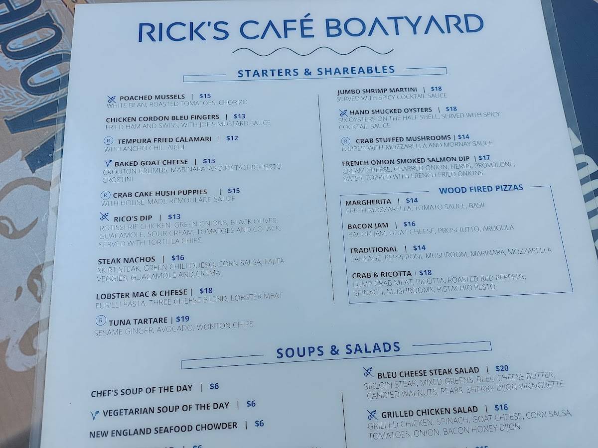 Menu at Rick's Café Boatyard pub & bar, Indianapolis