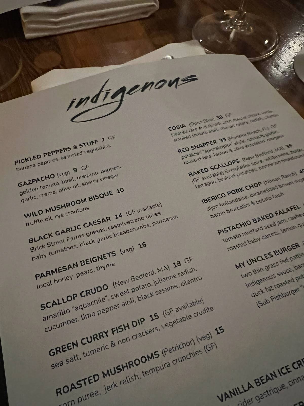 Menu at Indigenous Restaurant, Sarasota