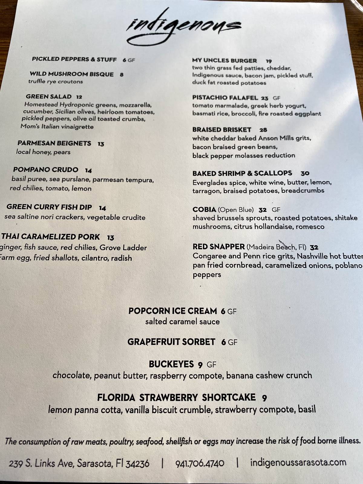Menu at Indigenous Restaurant, Sarasota