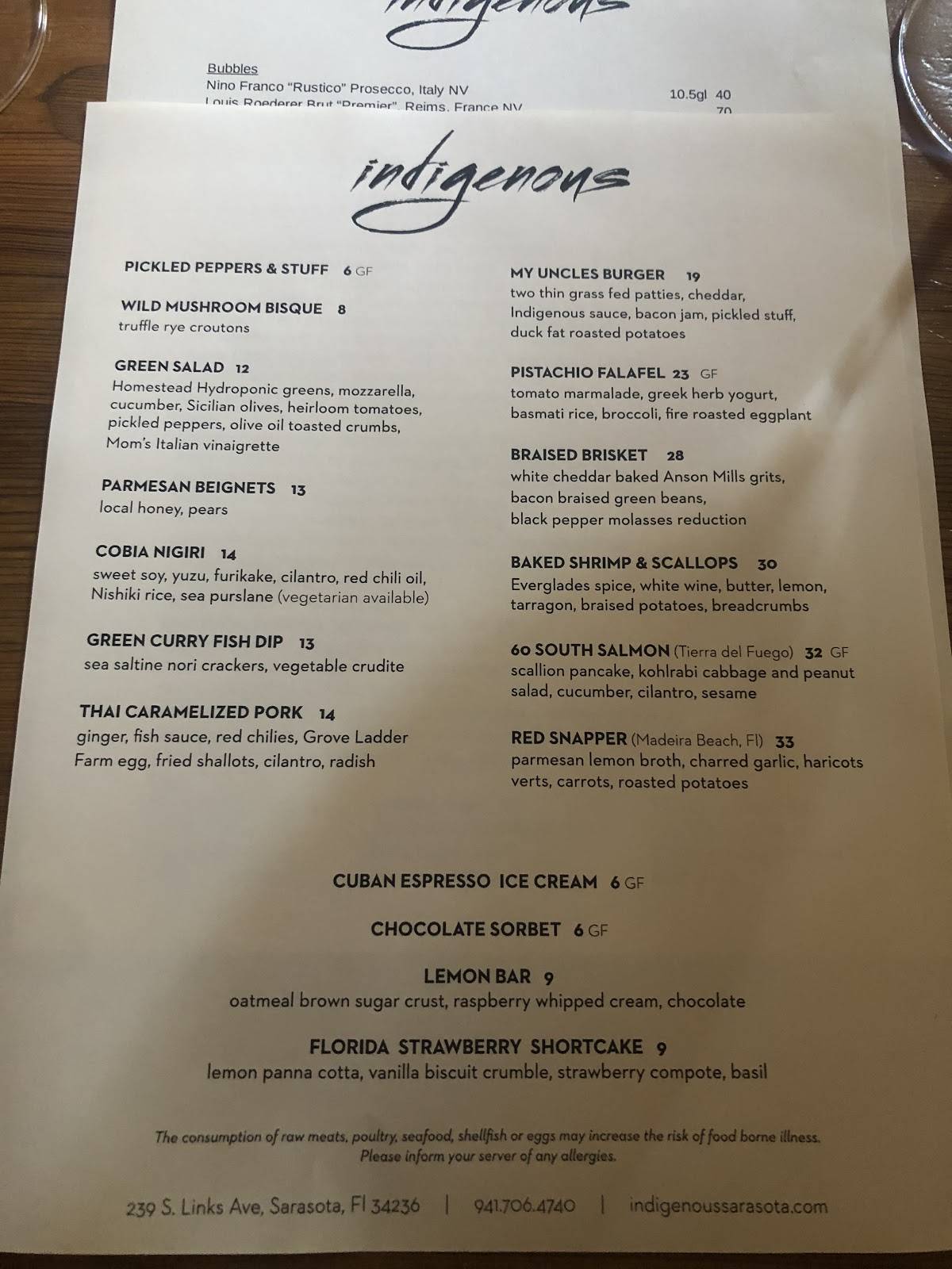 Menu at Indigenous Restaurant, Sarasota