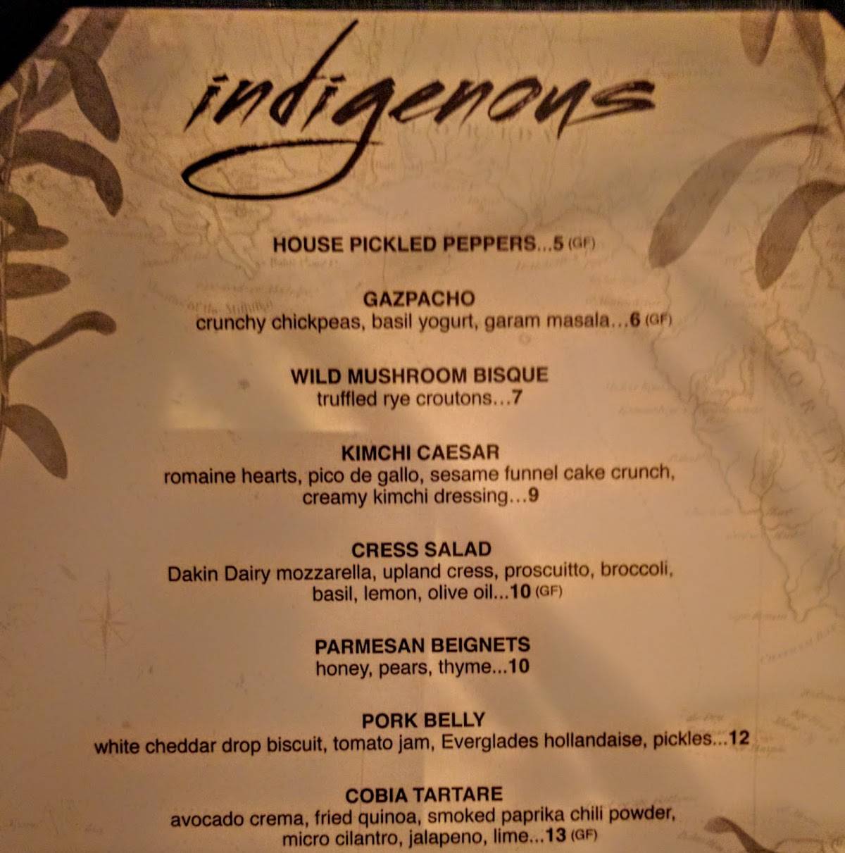 Menu at Indigenous Restaurant, Sarasota