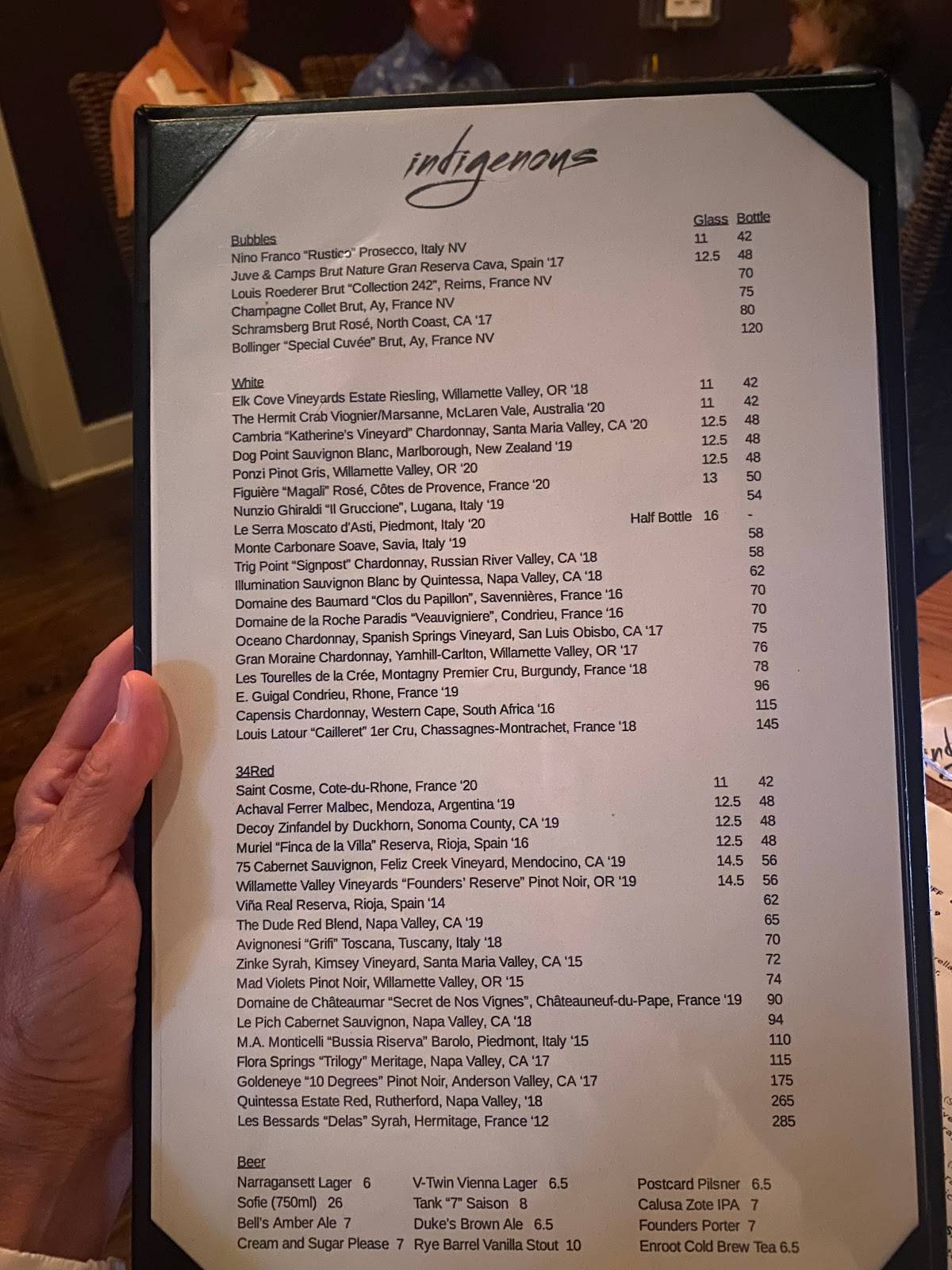 Menu at Indigenous Restaurant, Sarasota