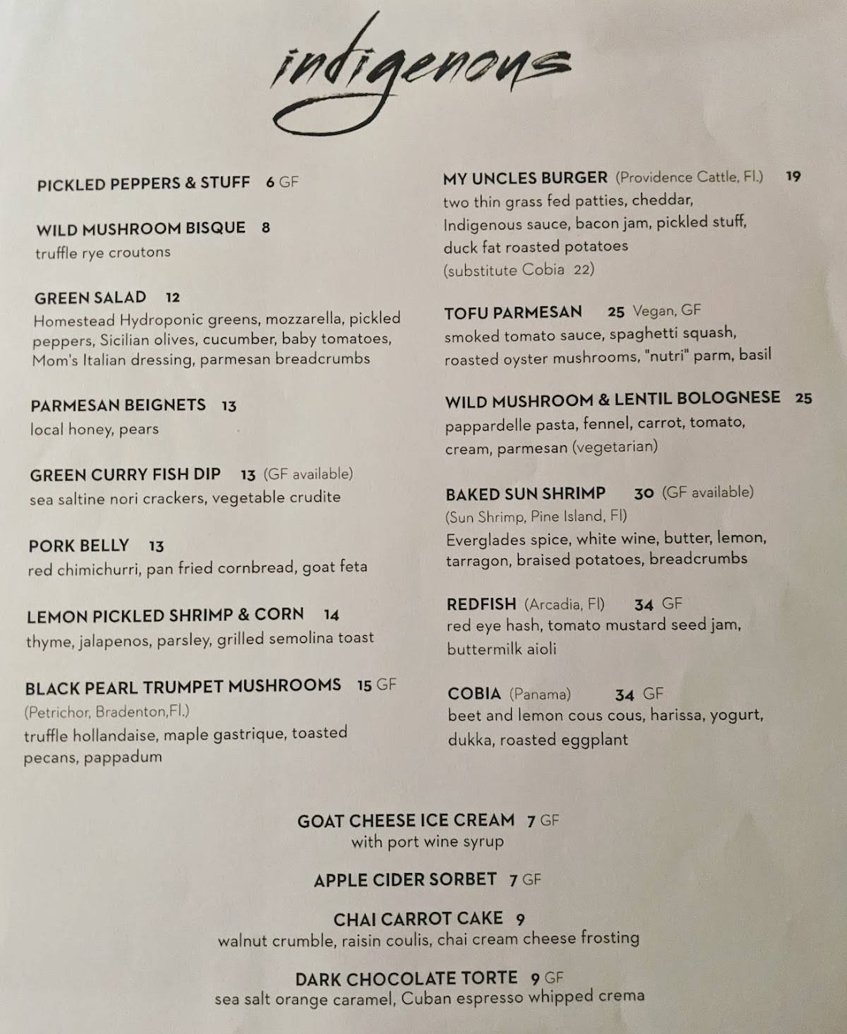 Menu at Indigenous Restaurant, Sarasota