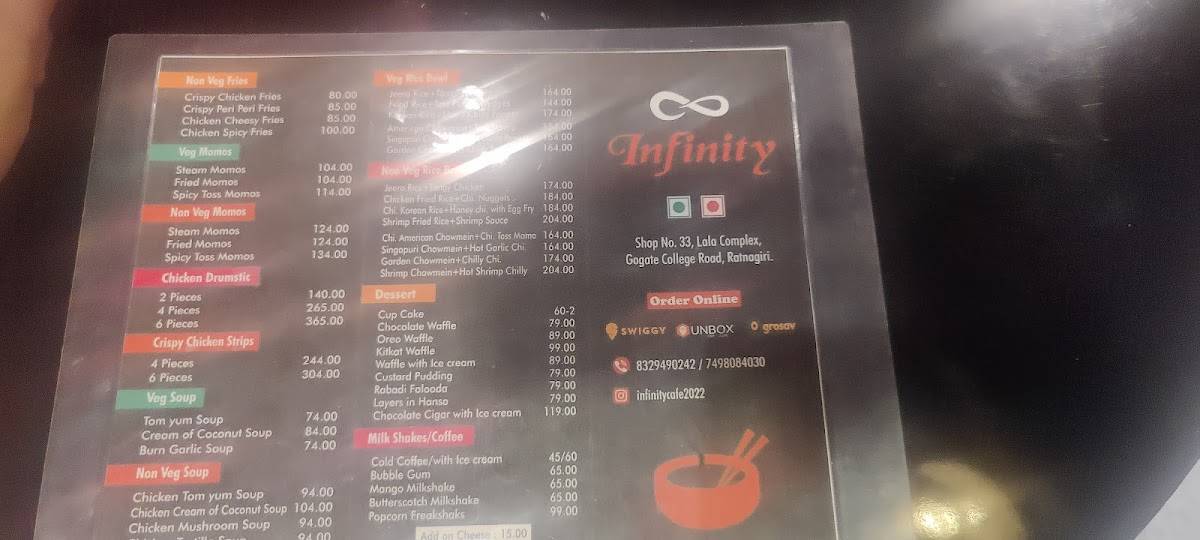 Menu at Infinity Cafe, Ratnagiri