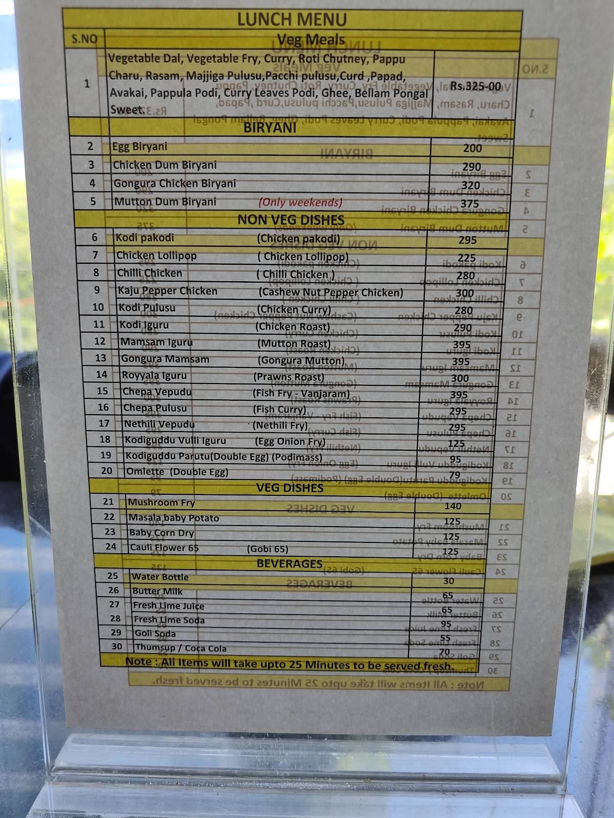 Menu at Inti Bhojanam, Chennai