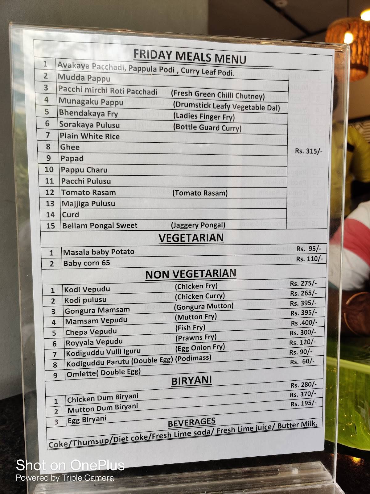 Menu at Inti Bhojanam, Chennai