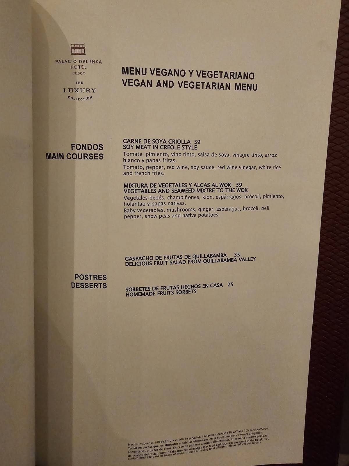 Menu at Inti Raymi restaurant, Cusco