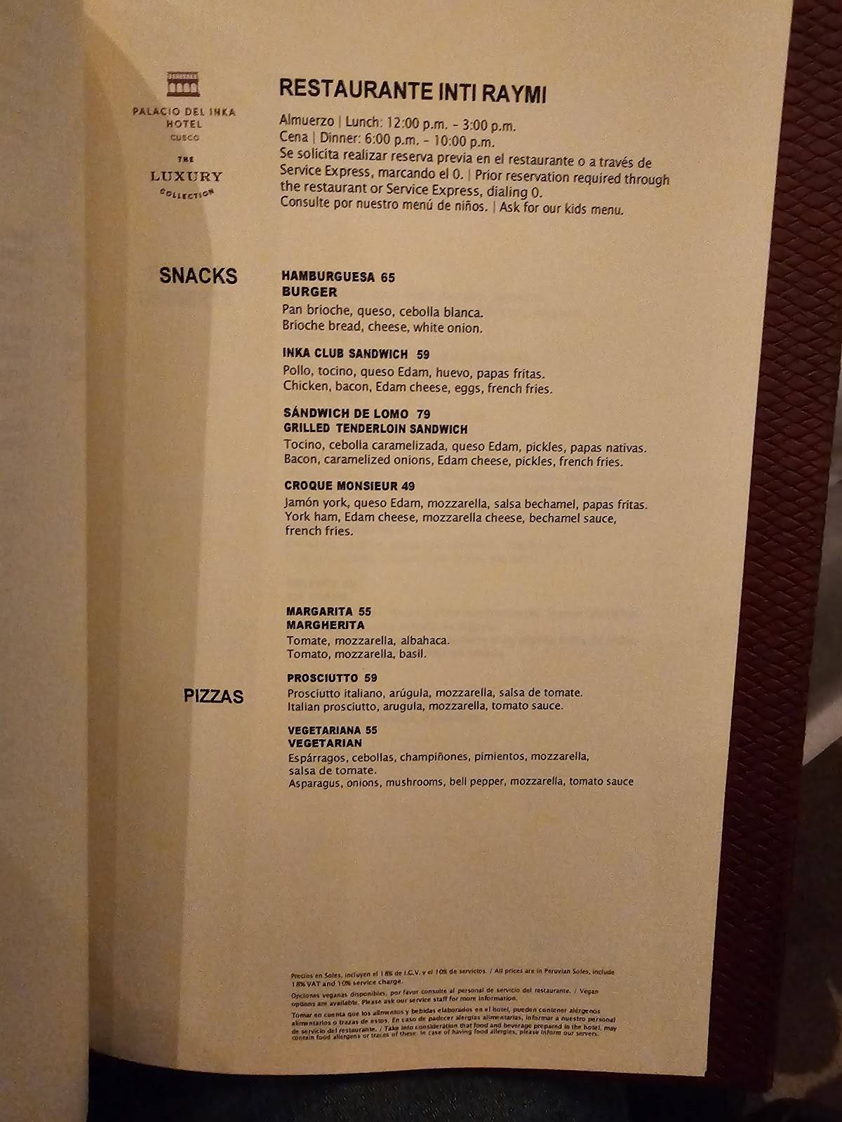Menu at Inti Raymi restaurant, Cusco