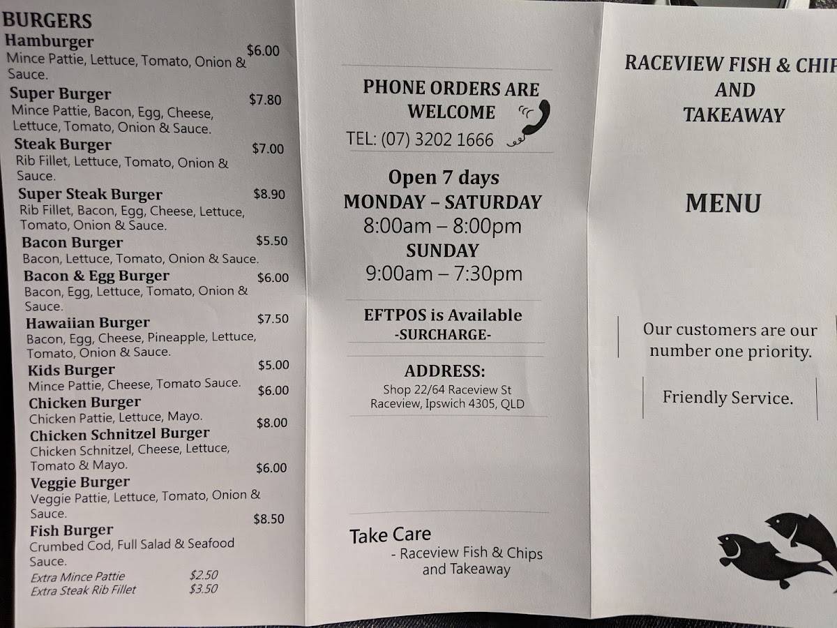 Menu at Raceview Fish & Chips & Takeaway fast food, Raceview