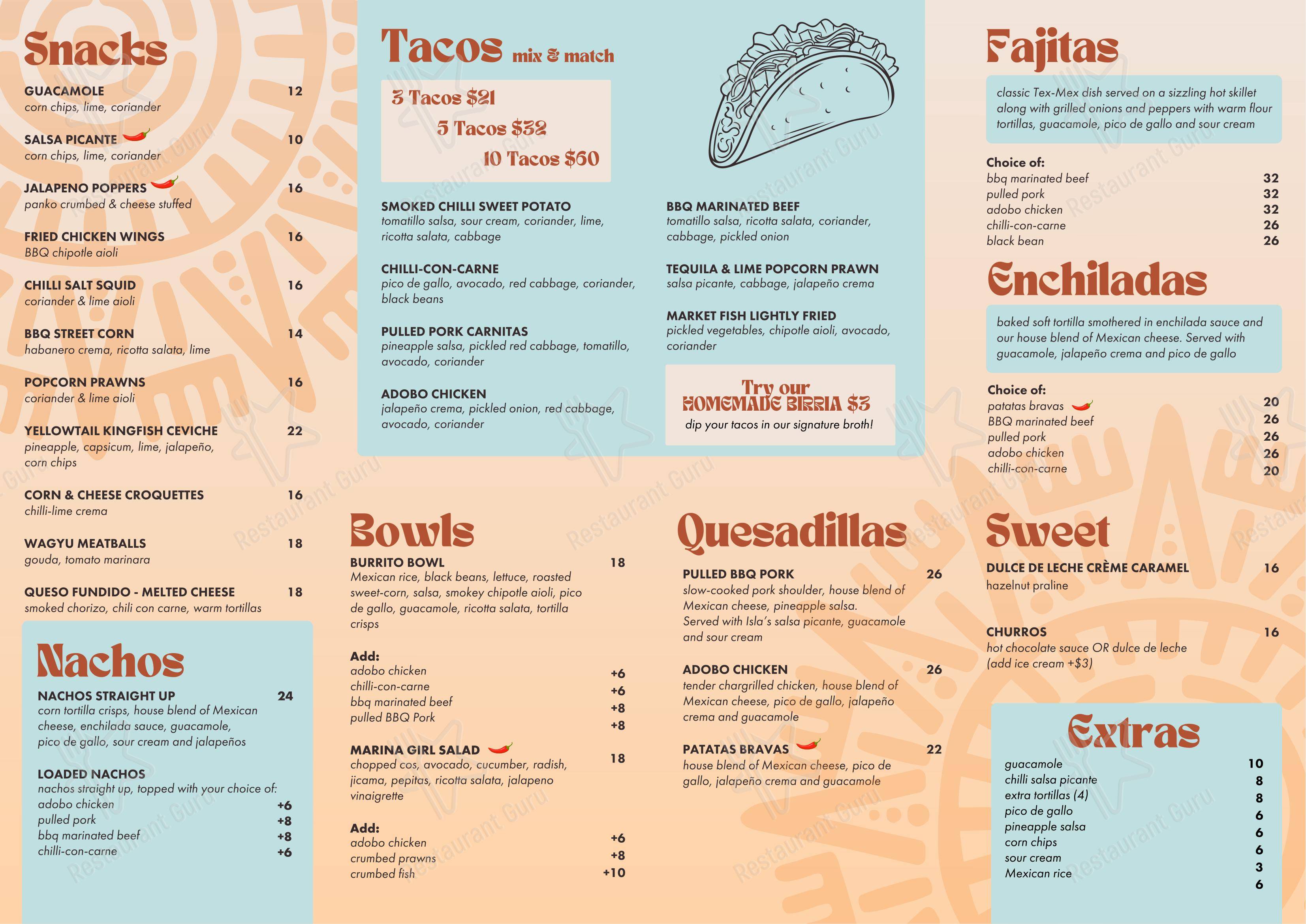 Menu at Isla Cantina restaurant, Surfers Paradise