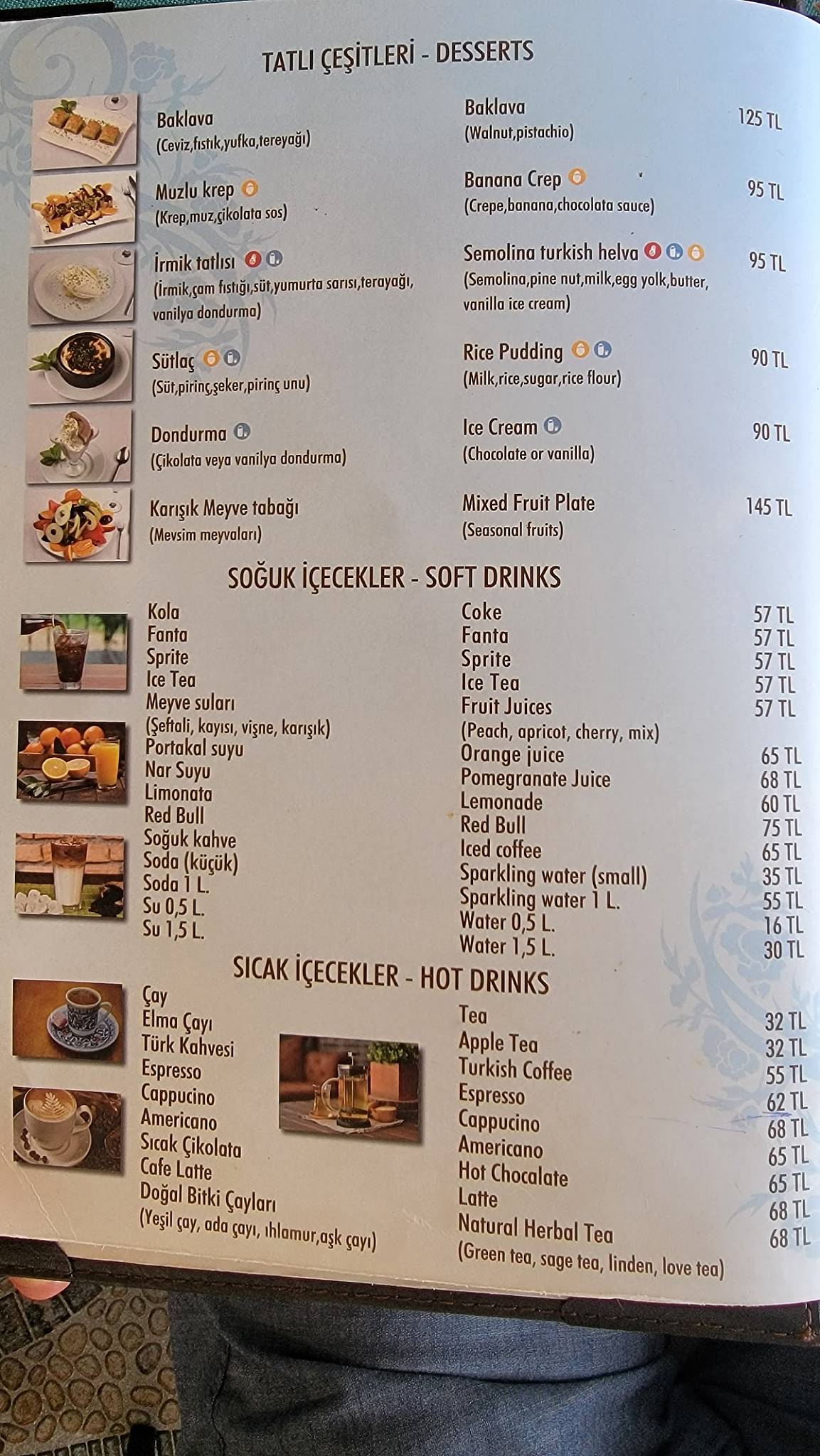 Menu at Seven Hills Restaurant, Istanbul