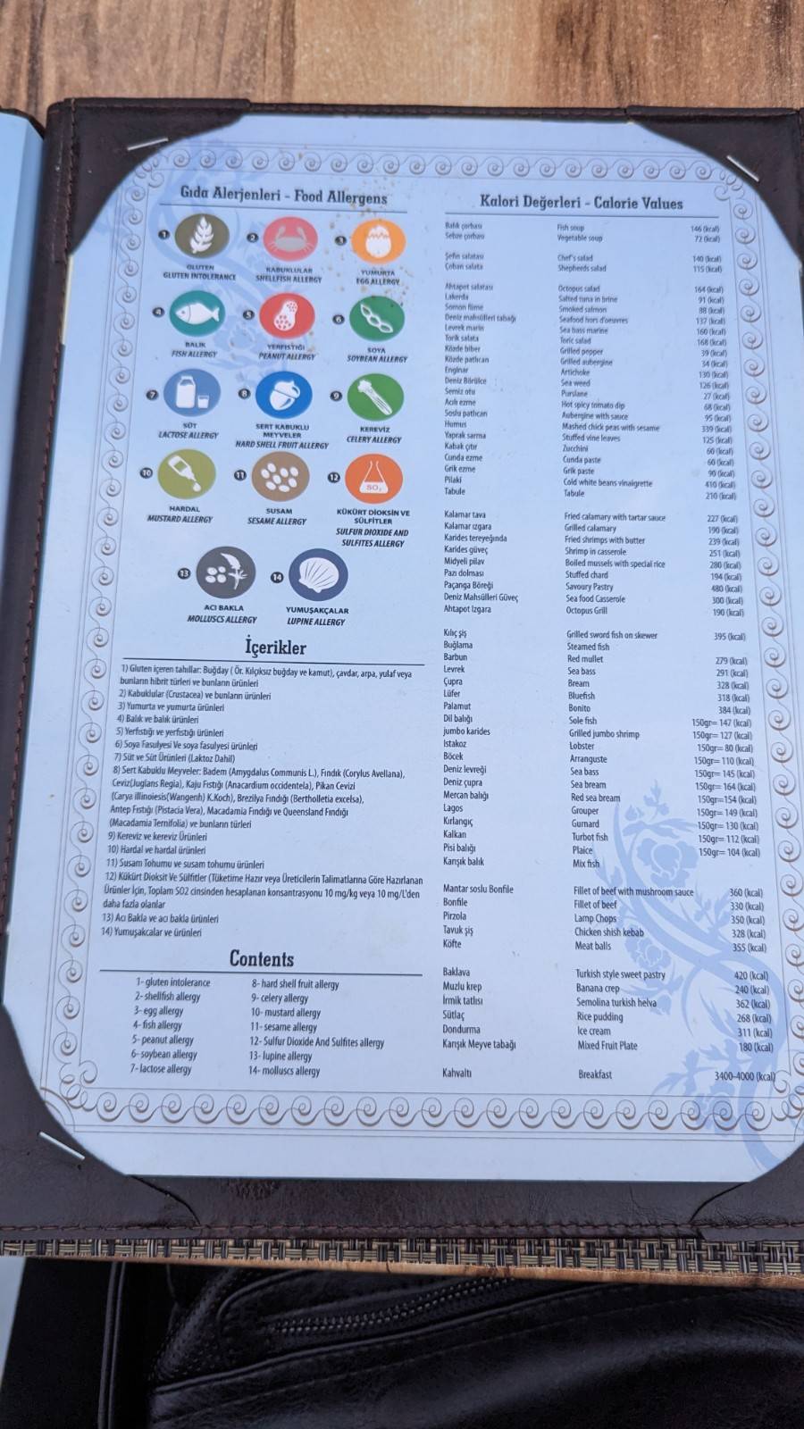 Menu at Seven Hills Restaurant, Istanbul