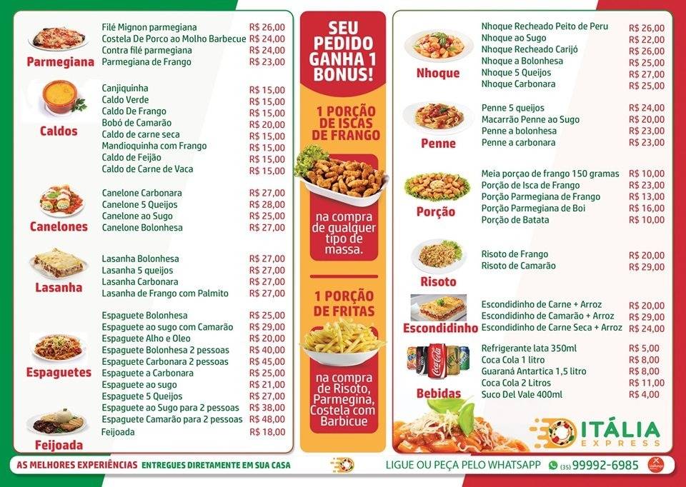 Menu em Italia Express restaurante, Extrema, R. Benjamin Constant
