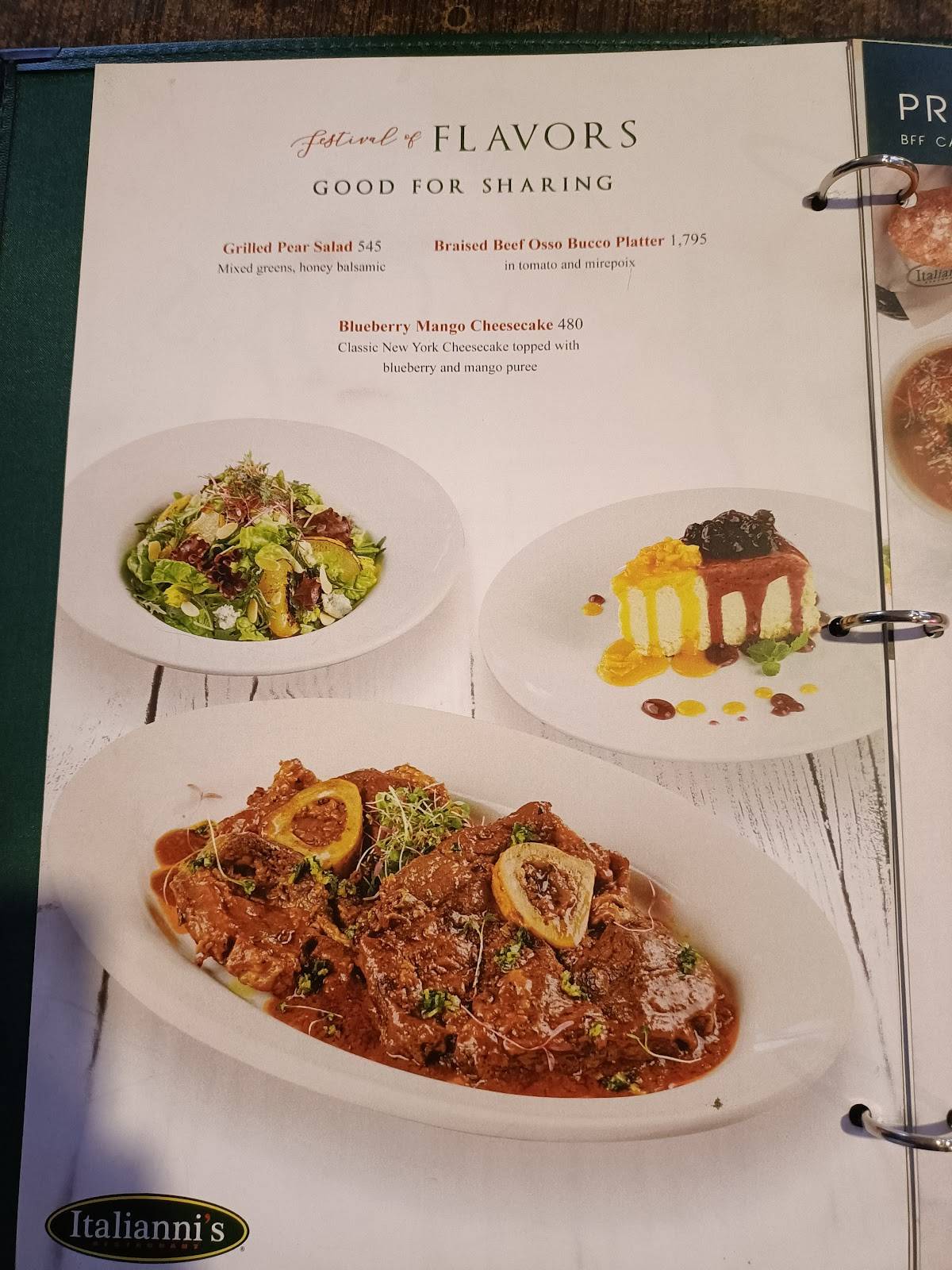 Menu At Italianni S Restaurant Cebu City Ayala Mall