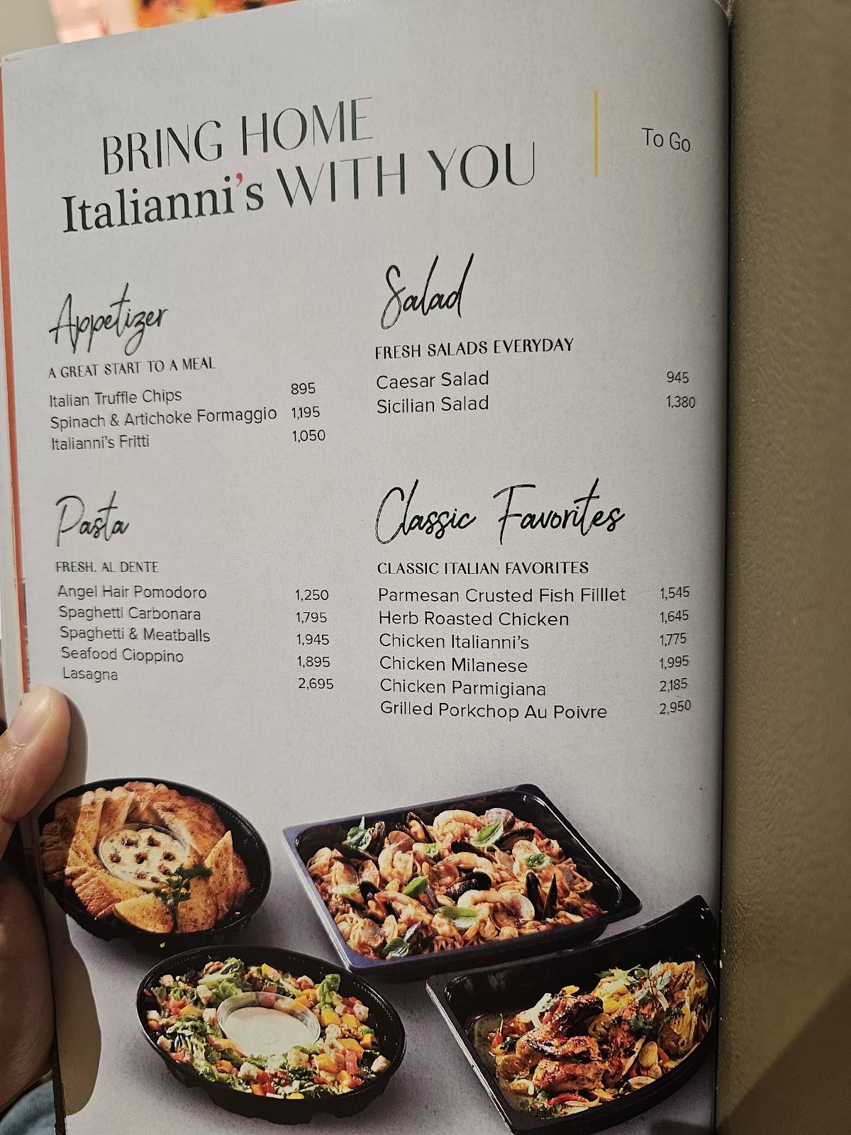 Menu at Italianni's restaurant, Bacolod
