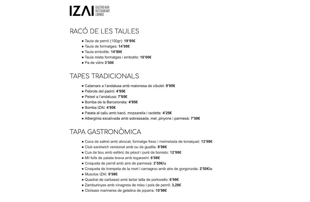 Carta de IZAI Restaurant, Andorra la Vieja