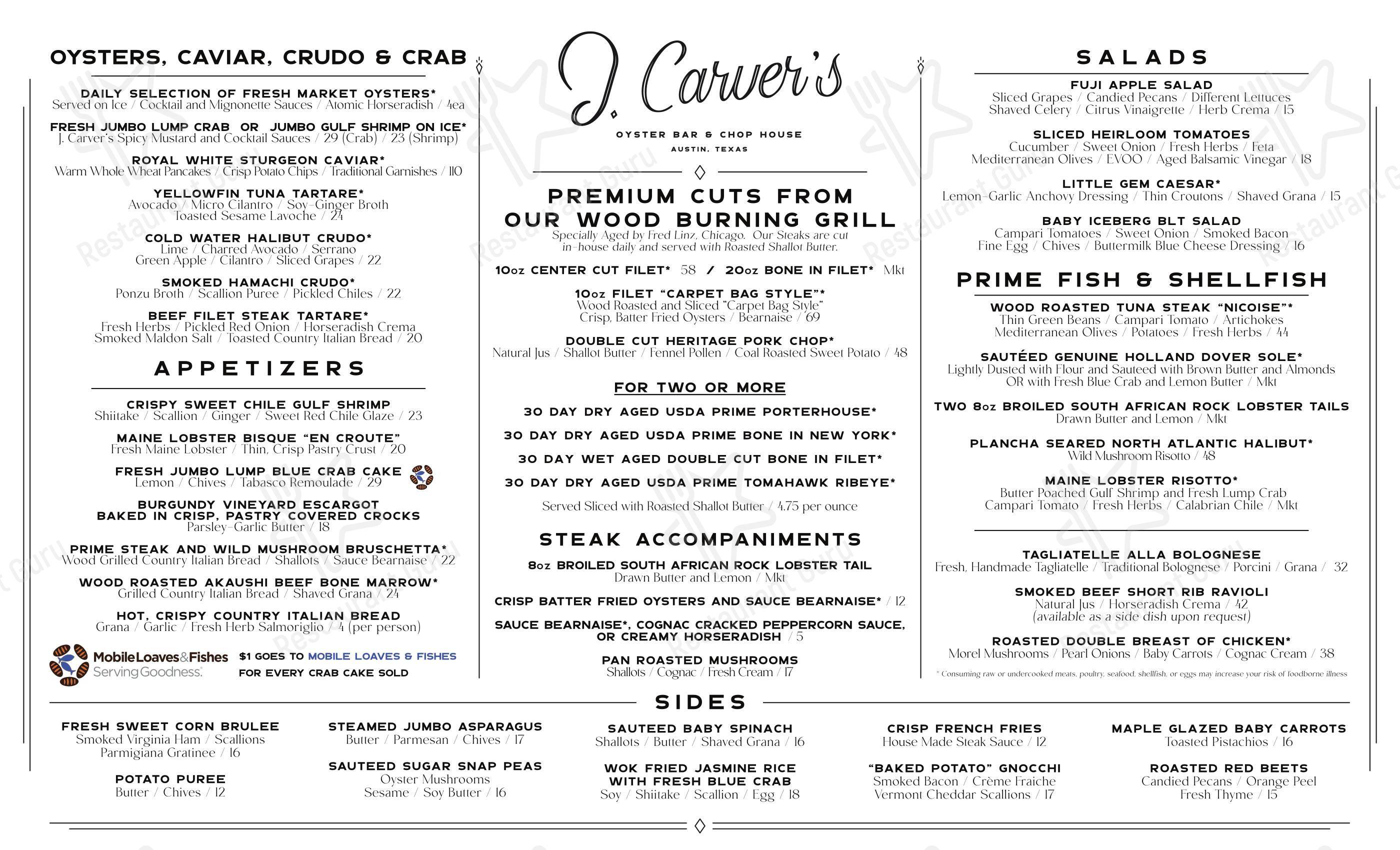 Menu at J Carver’s Oyster Bar & Chophouse, Austin