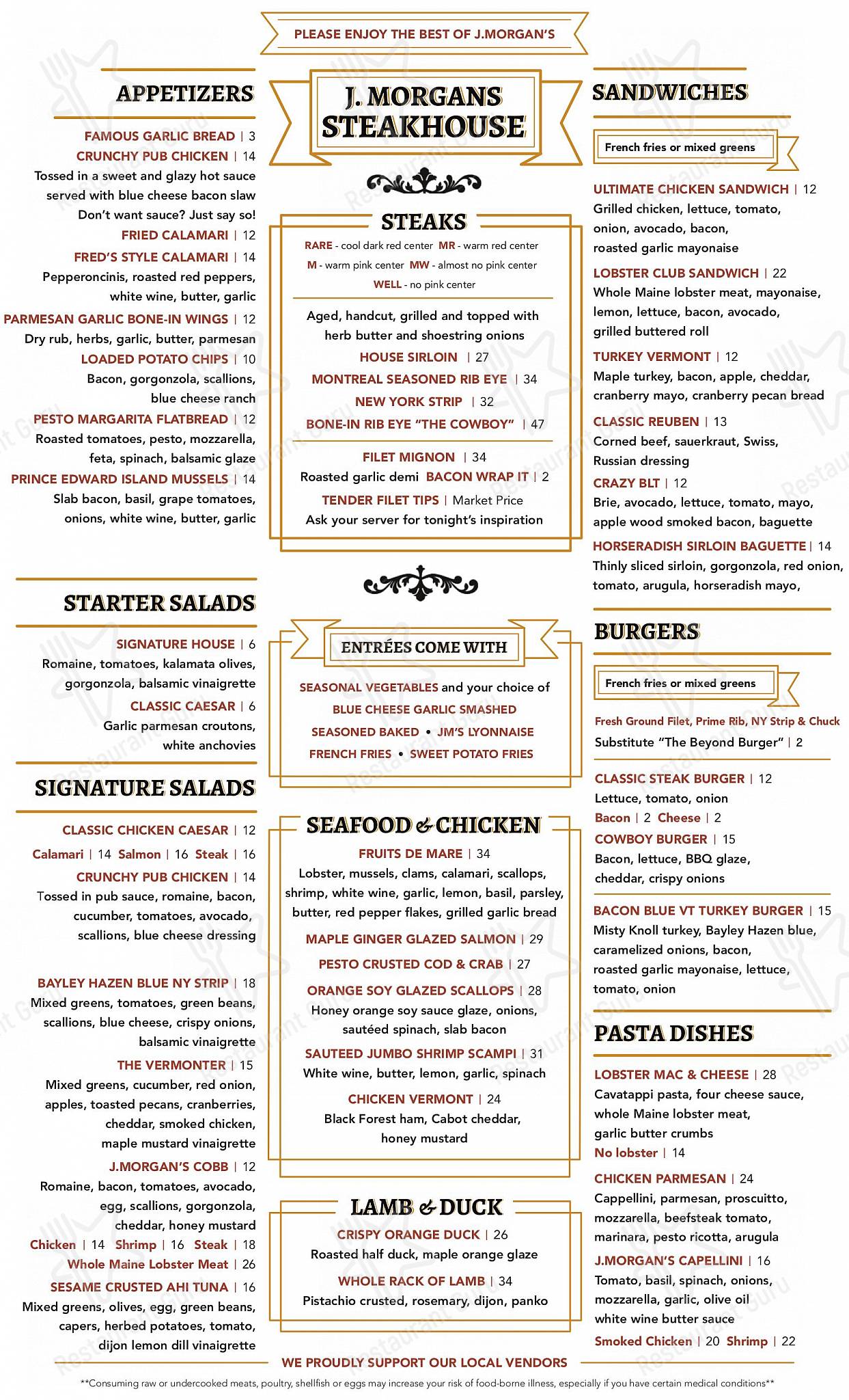 Menu at J Morgan's Steakhouse, Montpelier