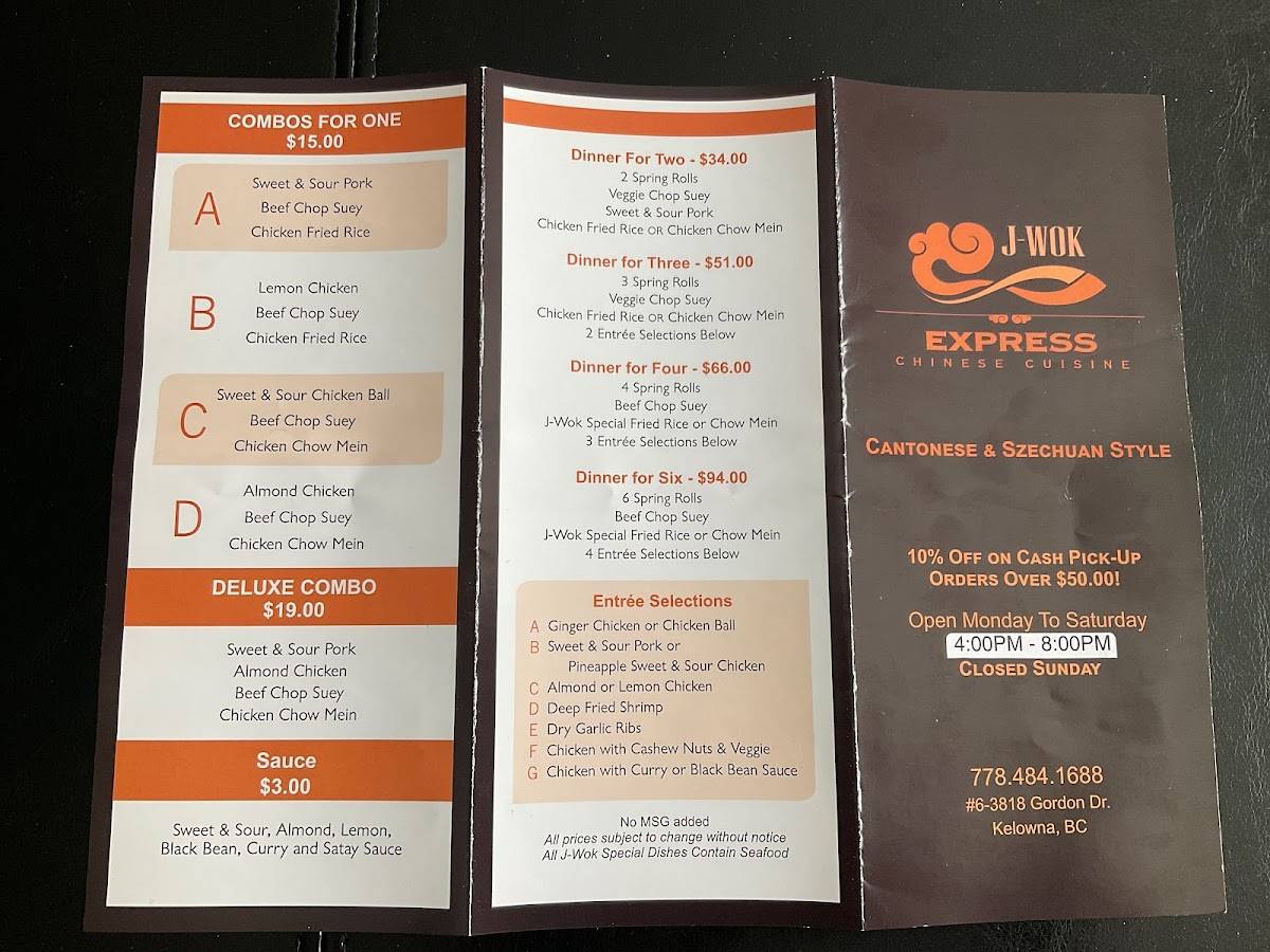 Menu at J-Wok Express restaurant, Kelowna