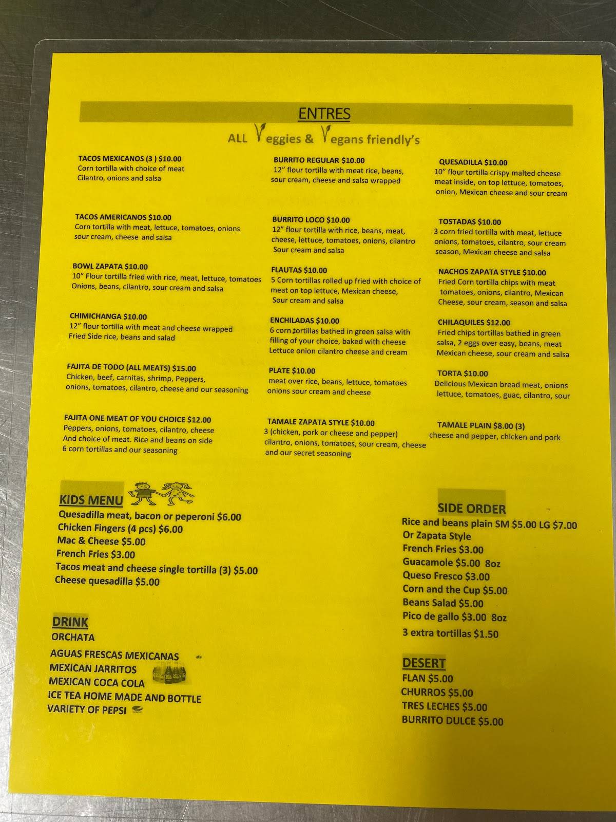 Menu at J Zapata Mexican Food Bloomsburg restaurant, Bloomsburg