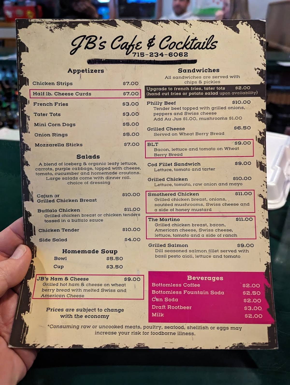 Menu at JB’s Cafe and Cocktails, Rice Lake