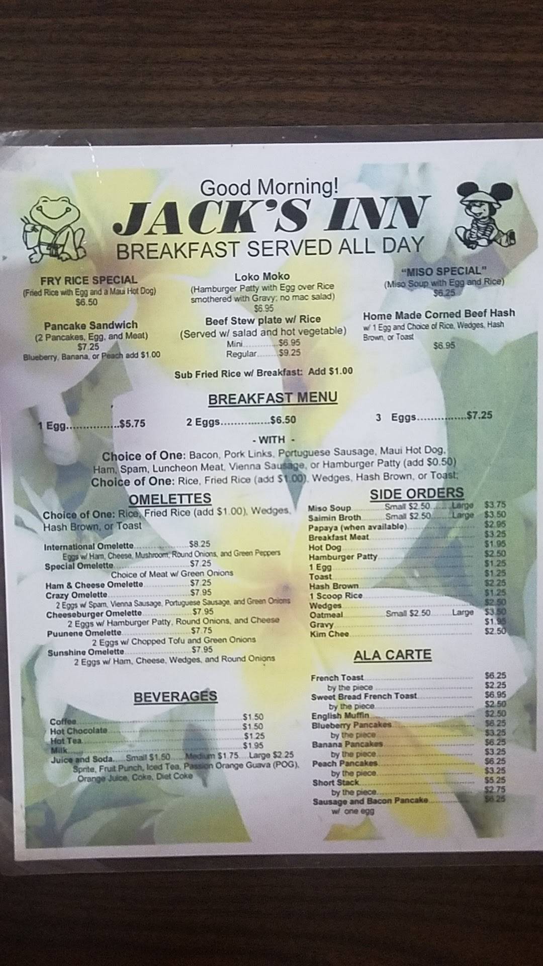 Menu at Jack's Inn breakfast spot restaurant, Kahului