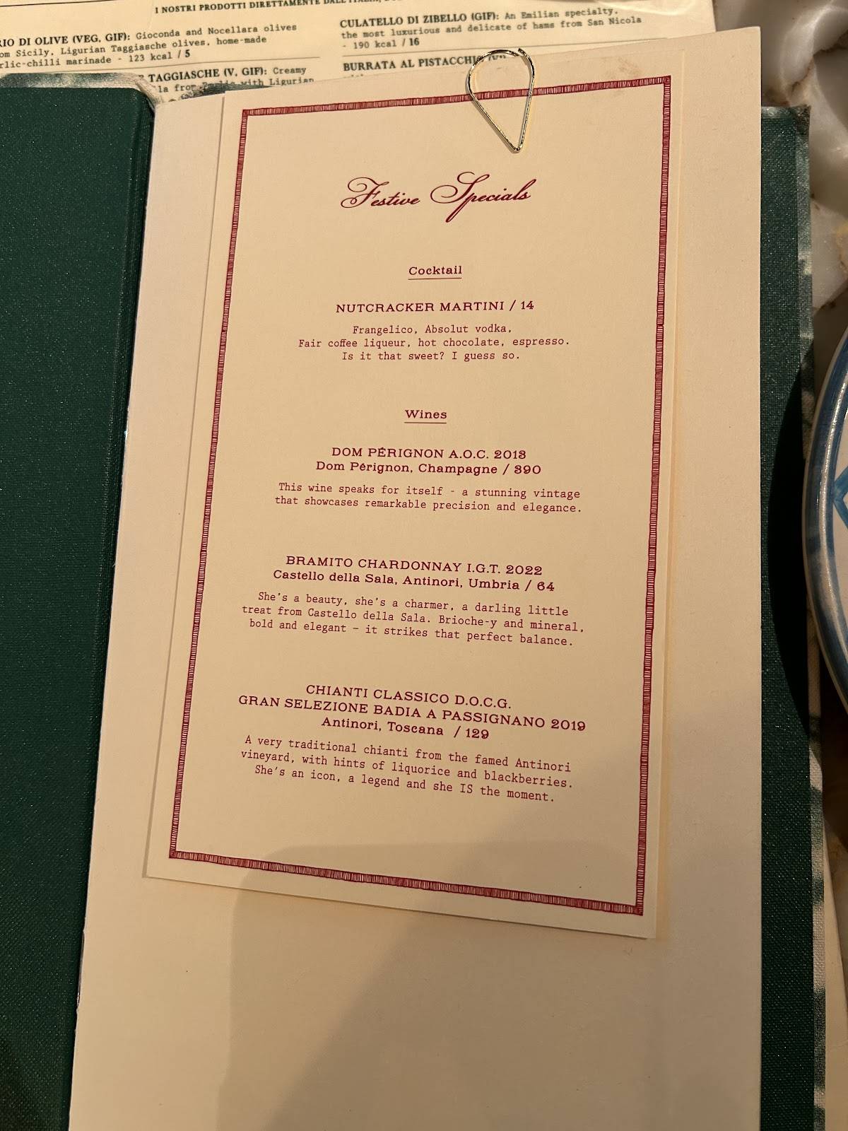 Menu at Jacuzzi restaurant, London
