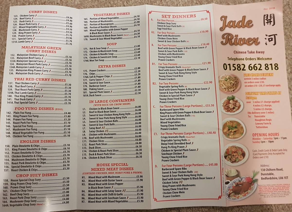 Menu at Jade River fast food, Dunstable