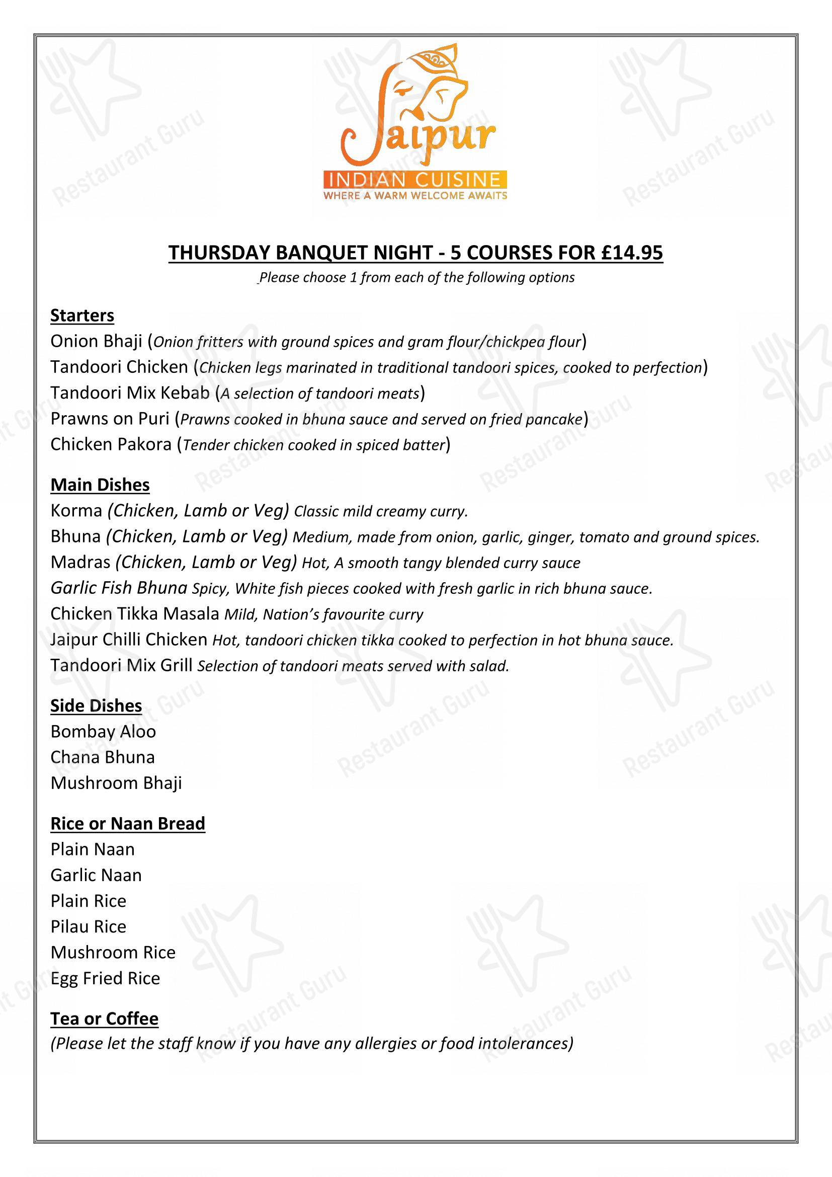 Menu at Jaipur Restaurant, Market Drayton