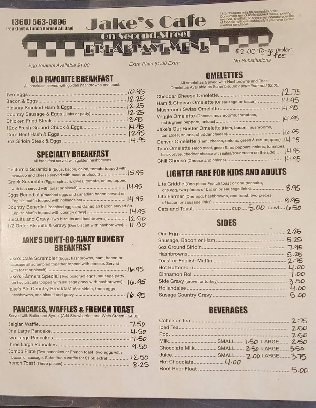 Menu at Jake's Cafe on 2nd Street, Snohomish