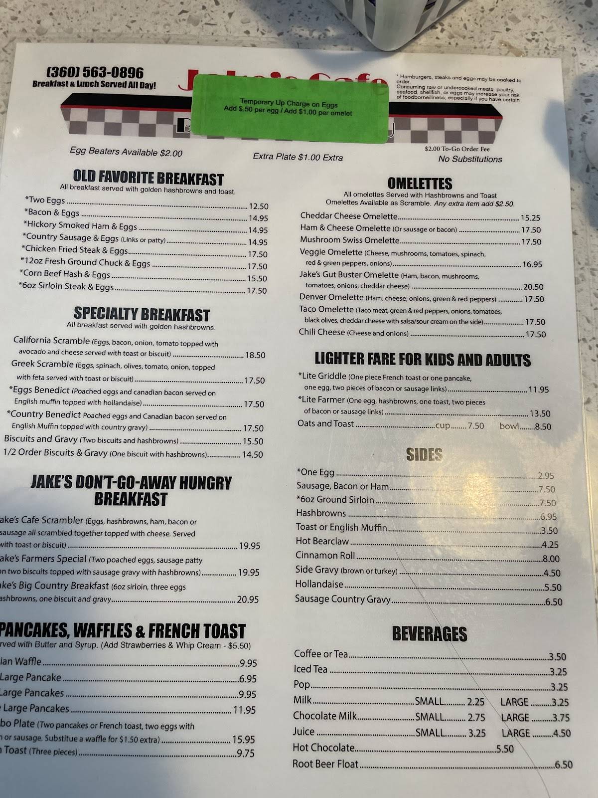 Menu at Jake's Cafe on 2nd Street, Snohomish