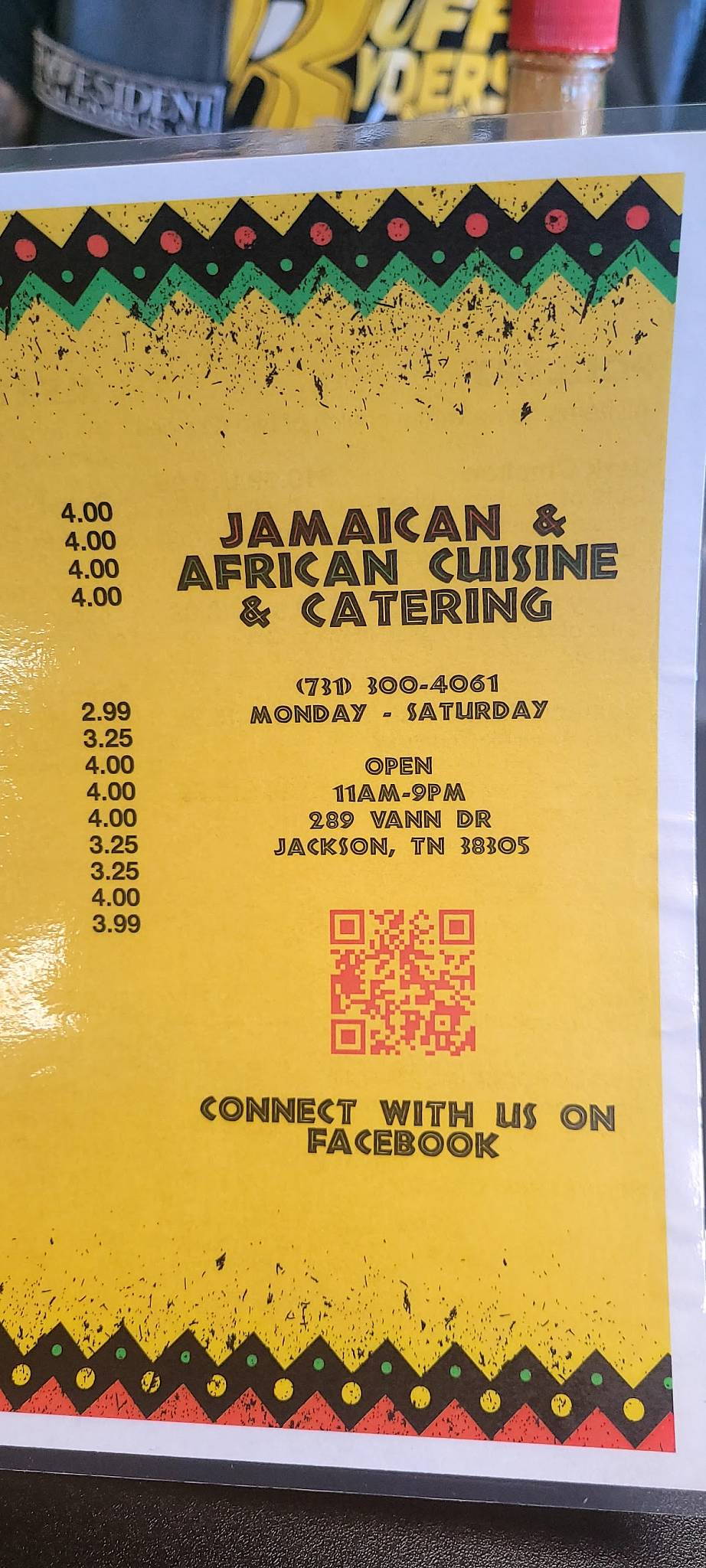 Menu at Jamaican & African Cuisine restaurant, Jackson, 289 Vann Dr Suite E
