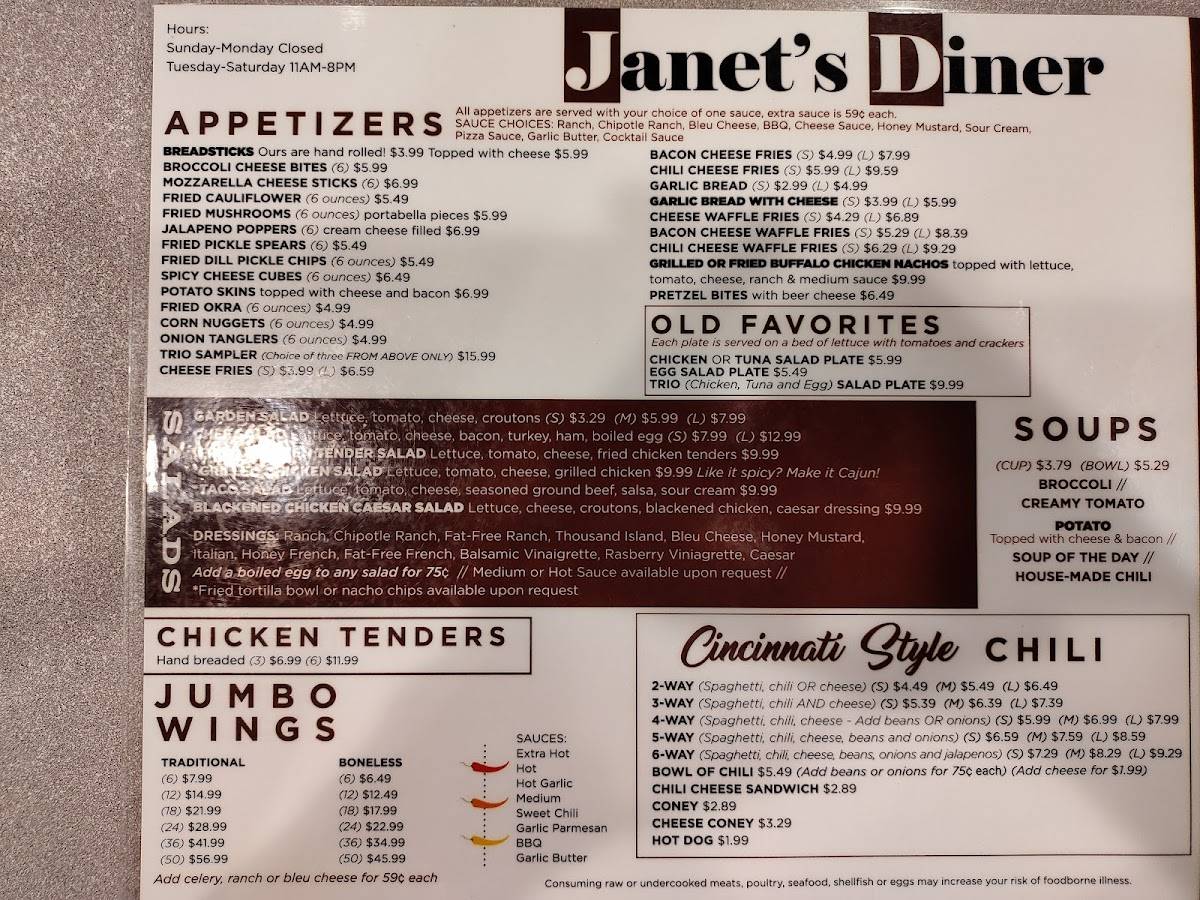 Menu at Janet's Diner restaurant, Dillsboro