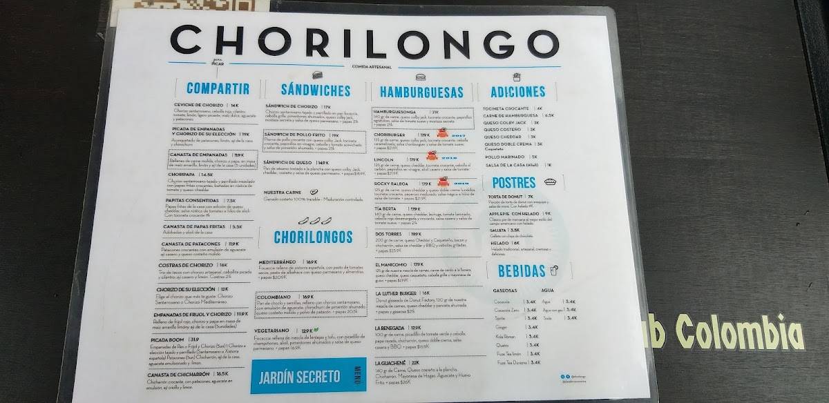 Carta del restaurante Jardín Secreto - Chorilongo, Bogotá
