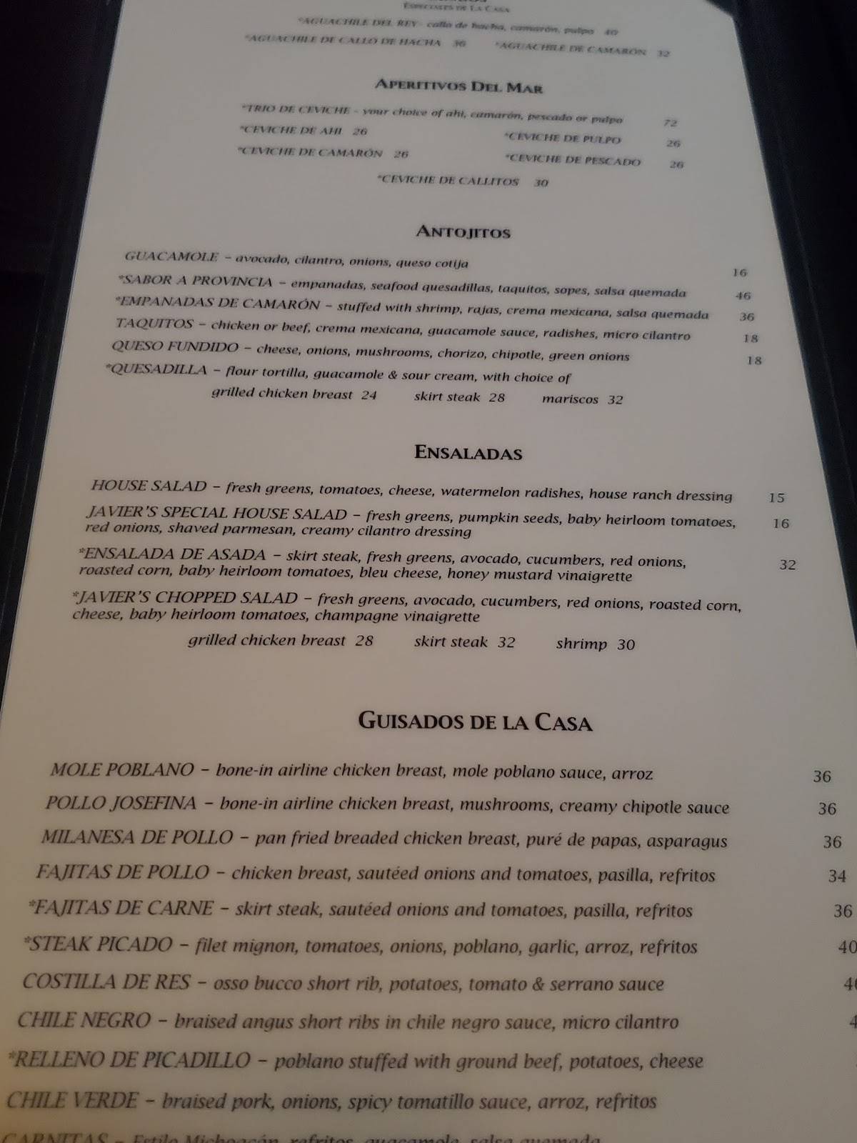 Menu at Javier's Restaurant - Newport Beach, Newport Beach